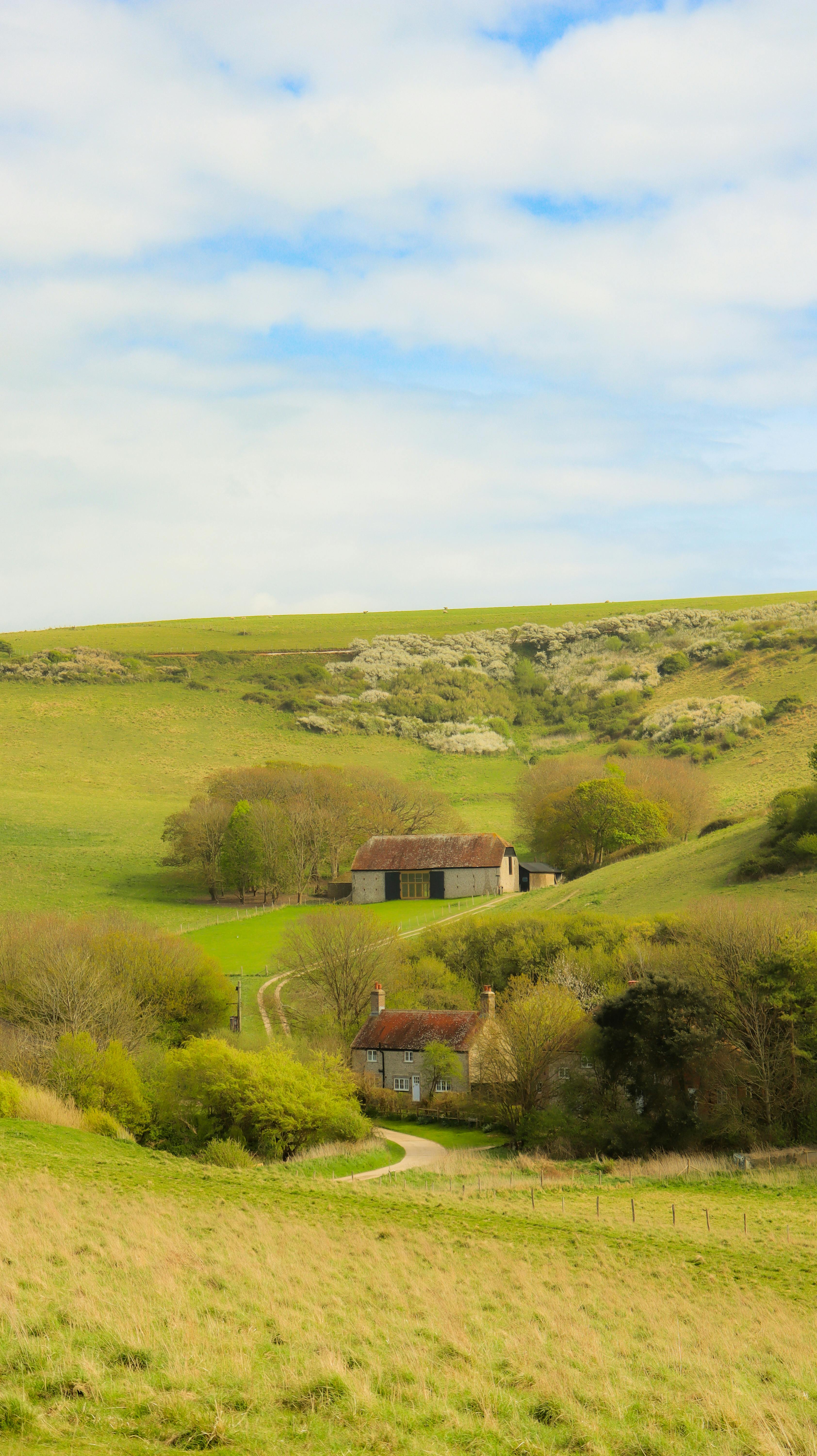 Rural Landscape with Rolling Hills and Farmhouses · Free Stock Photo