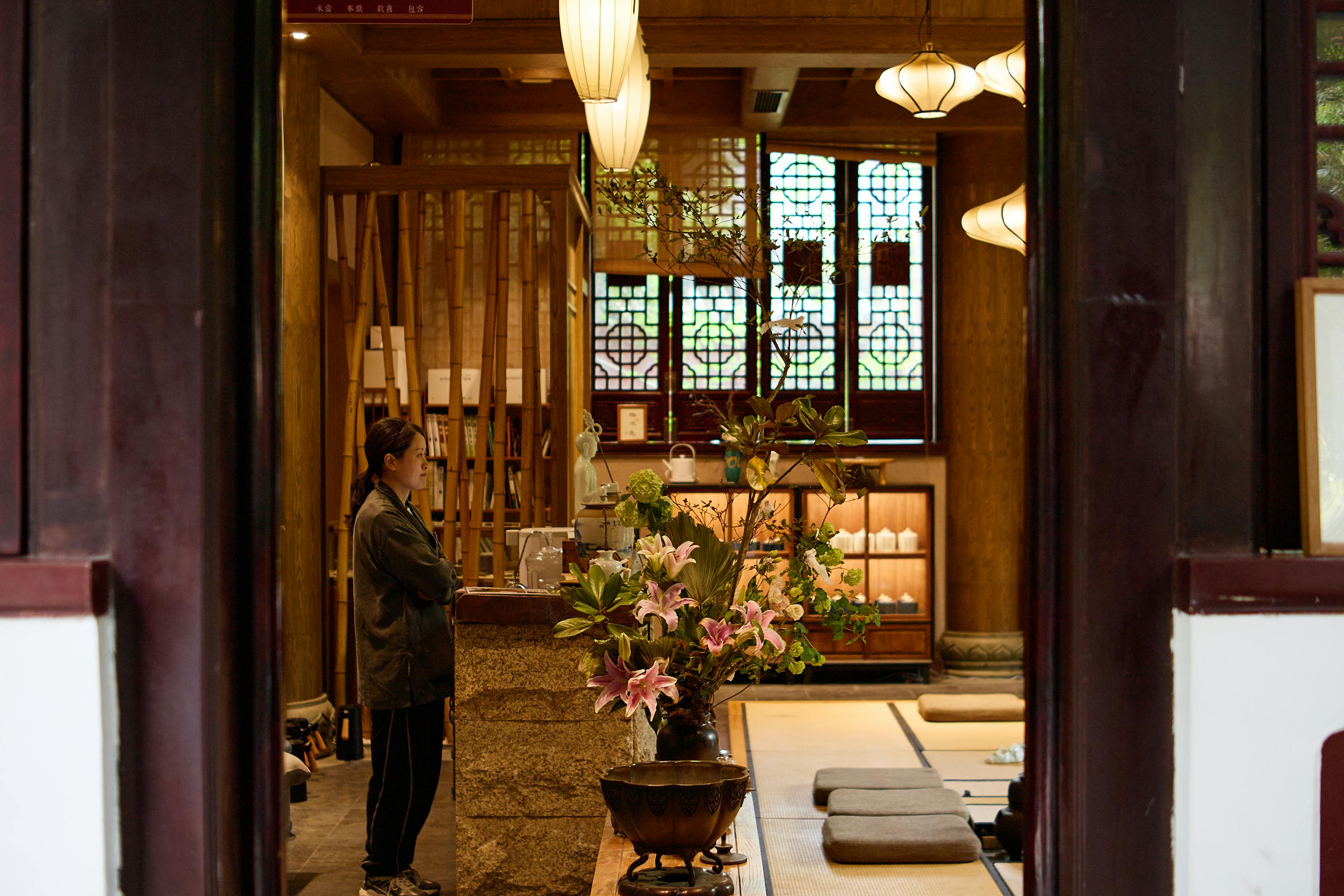 Traditional Tea House Interior with Floral Decor · Free Stock Photo