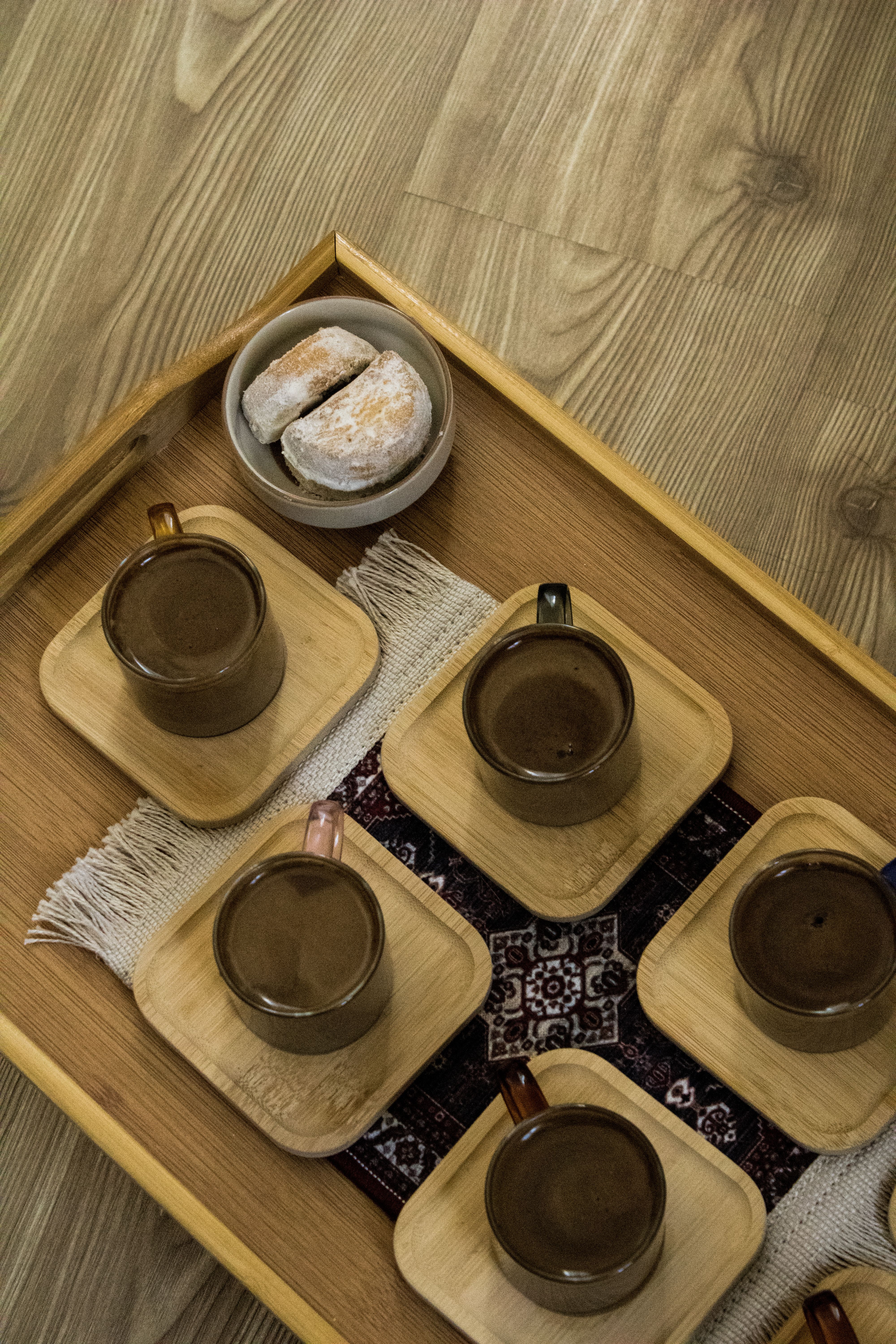 Cozy Coffee Setup with Mugs and Pastries on Tray · Free Stock Photo