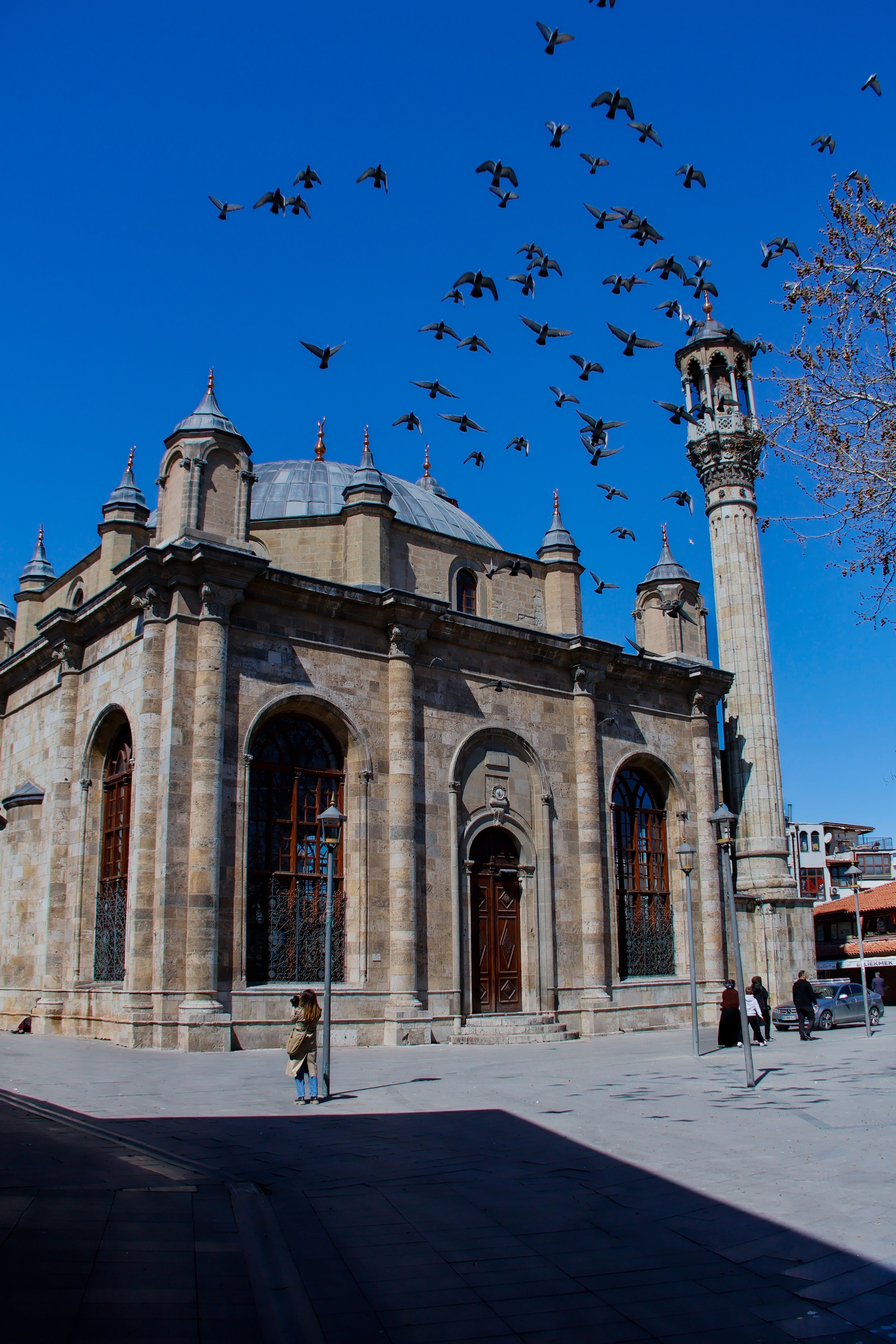 Historic Mosque with Flock of Birds in Blue Sky · Free Stock Photo