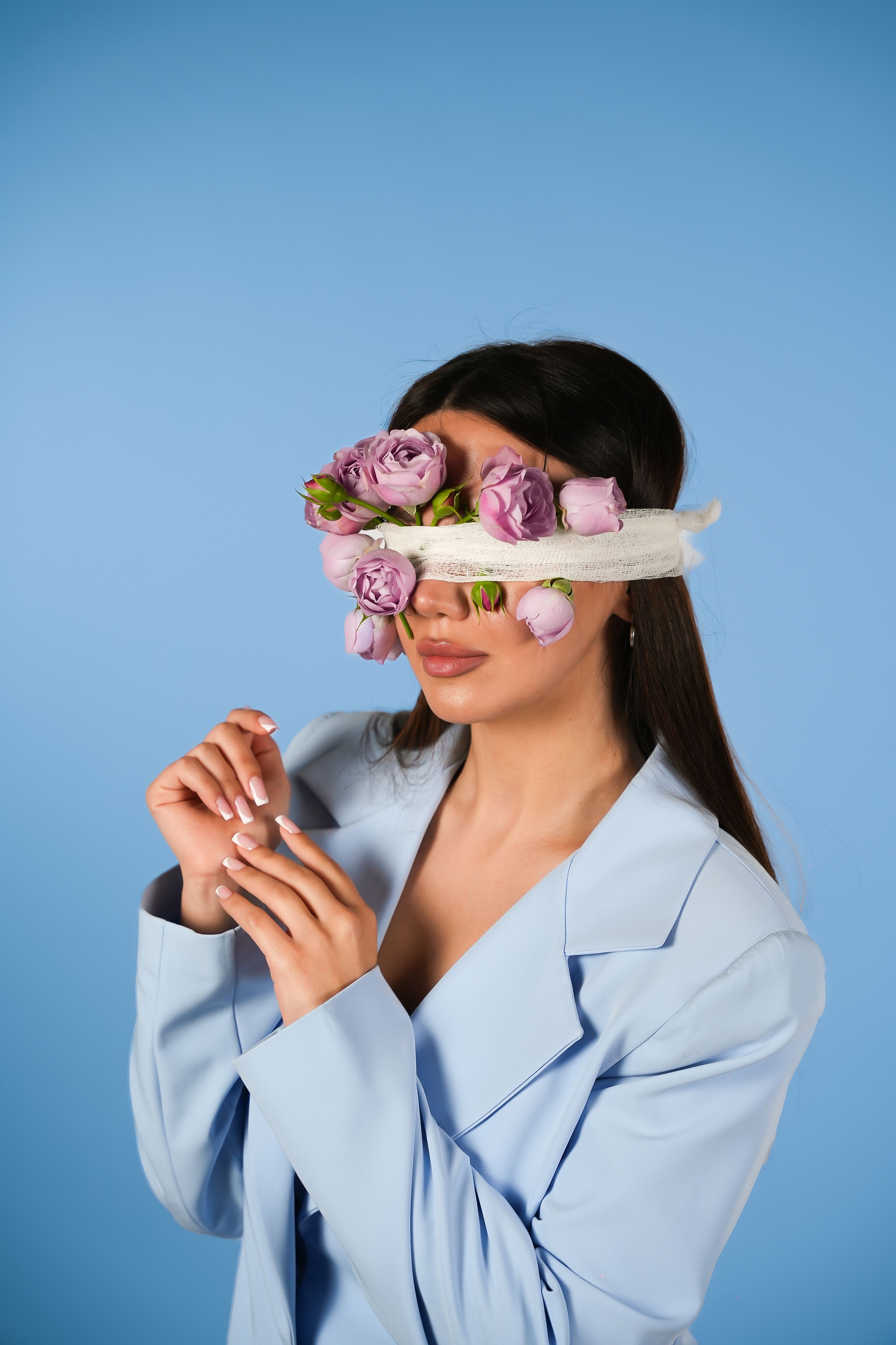 Woman Wearing Roses Blindfold Posing in Blue · Free Stock Photo