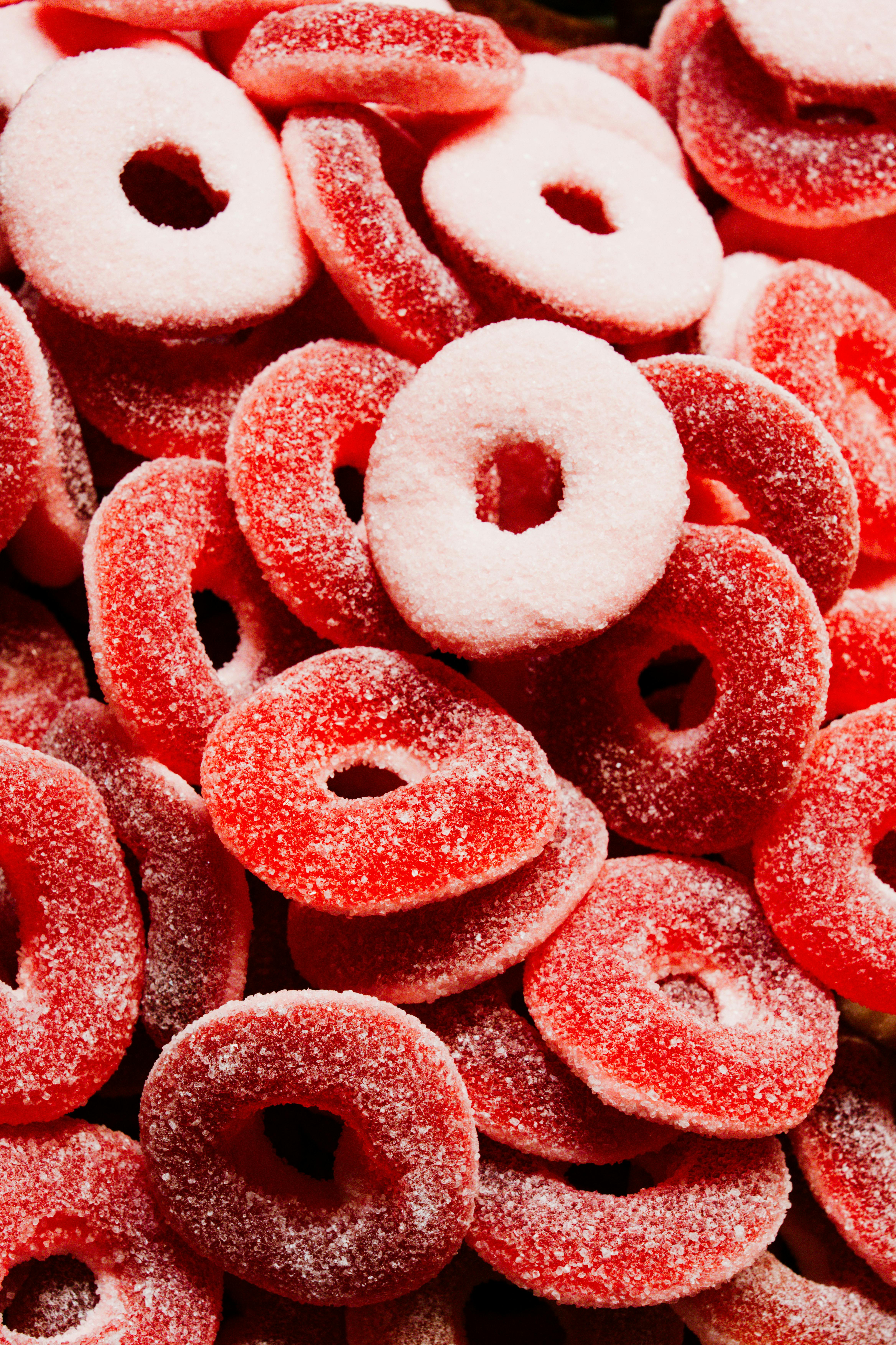 Close-up of Sugary Red Peach Ring Candies · Free Stock Photo
