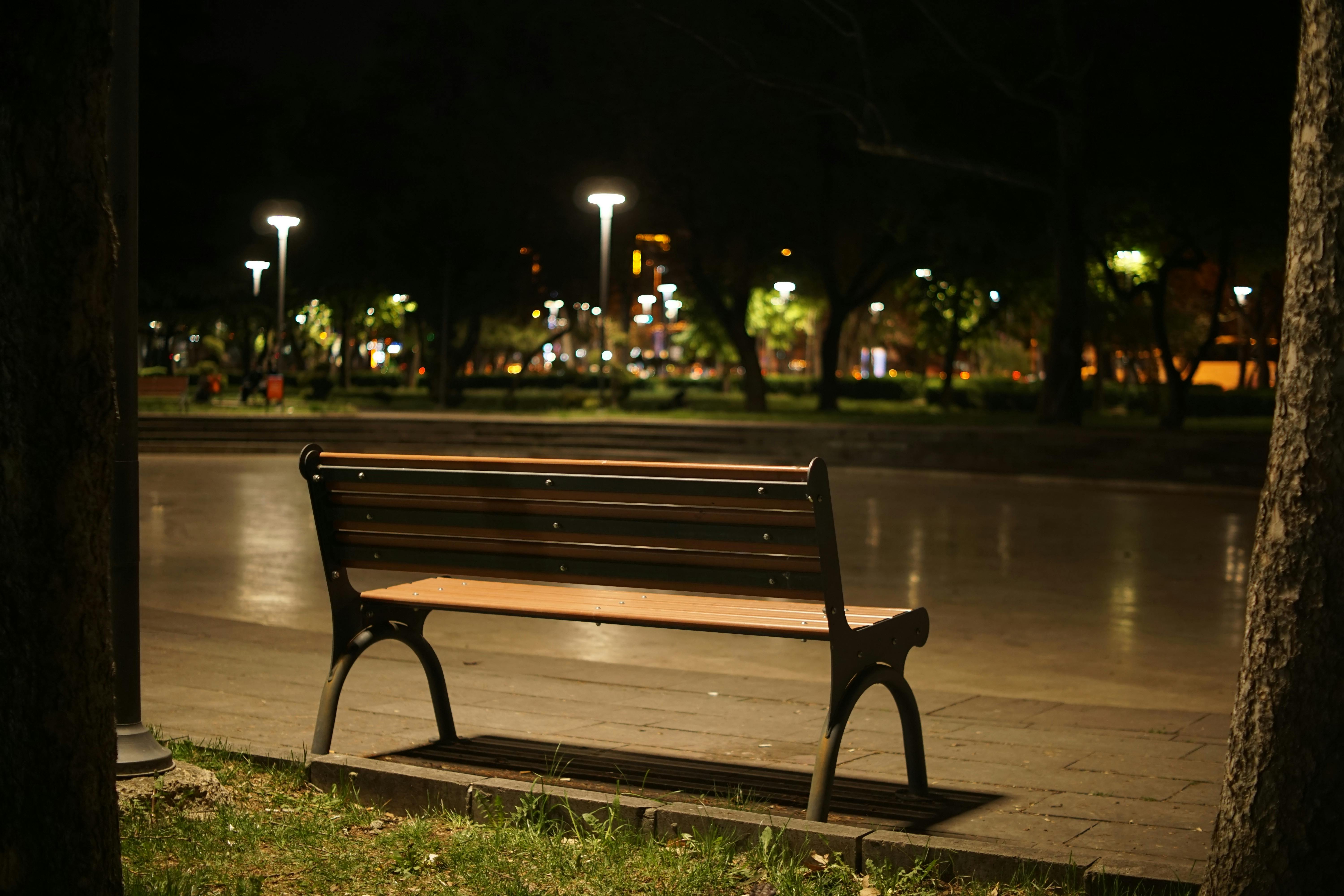 Empty Park Bench at Night Under Streetlights · Free Stock Photo