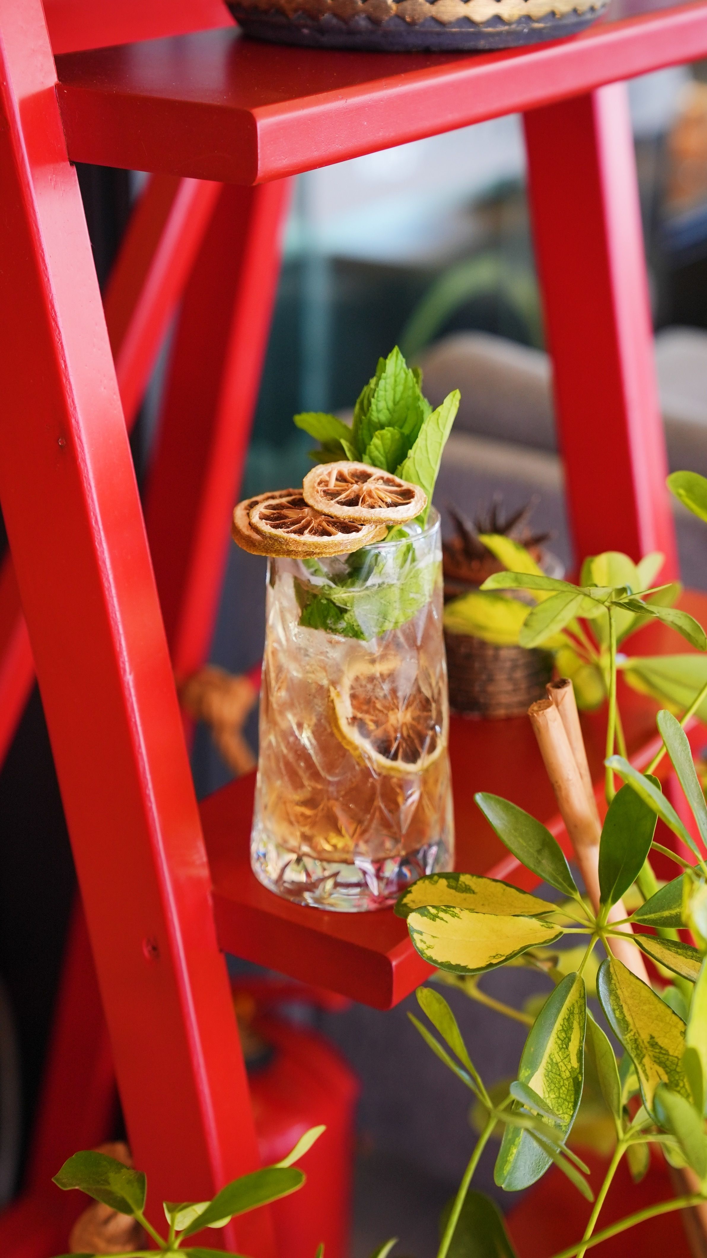 Refreshing Herbal Iced Tea on Red Stand · Free Stock Photo