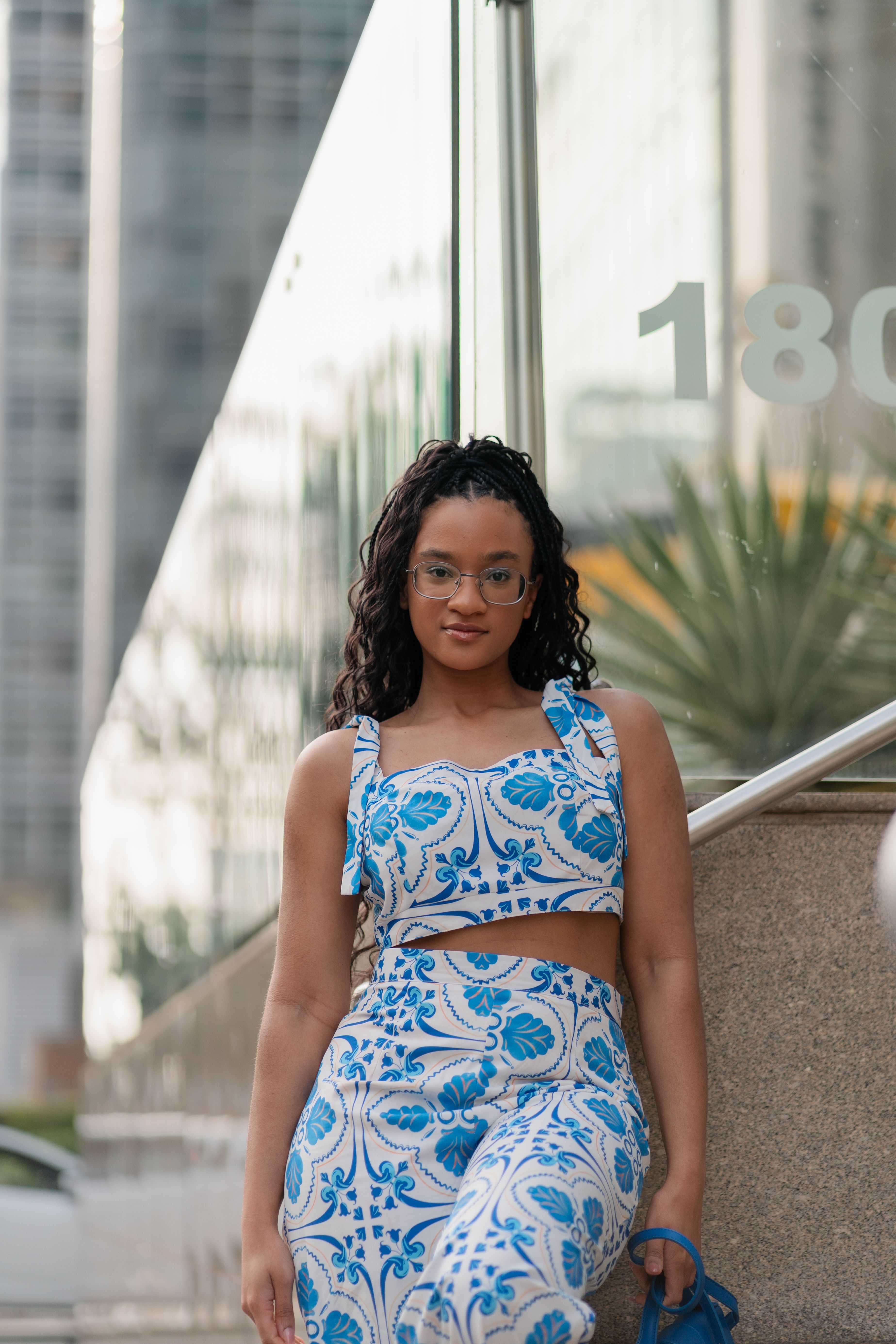 Fashionable Woman in Blue Patterned Outfit · Free Stock Photo