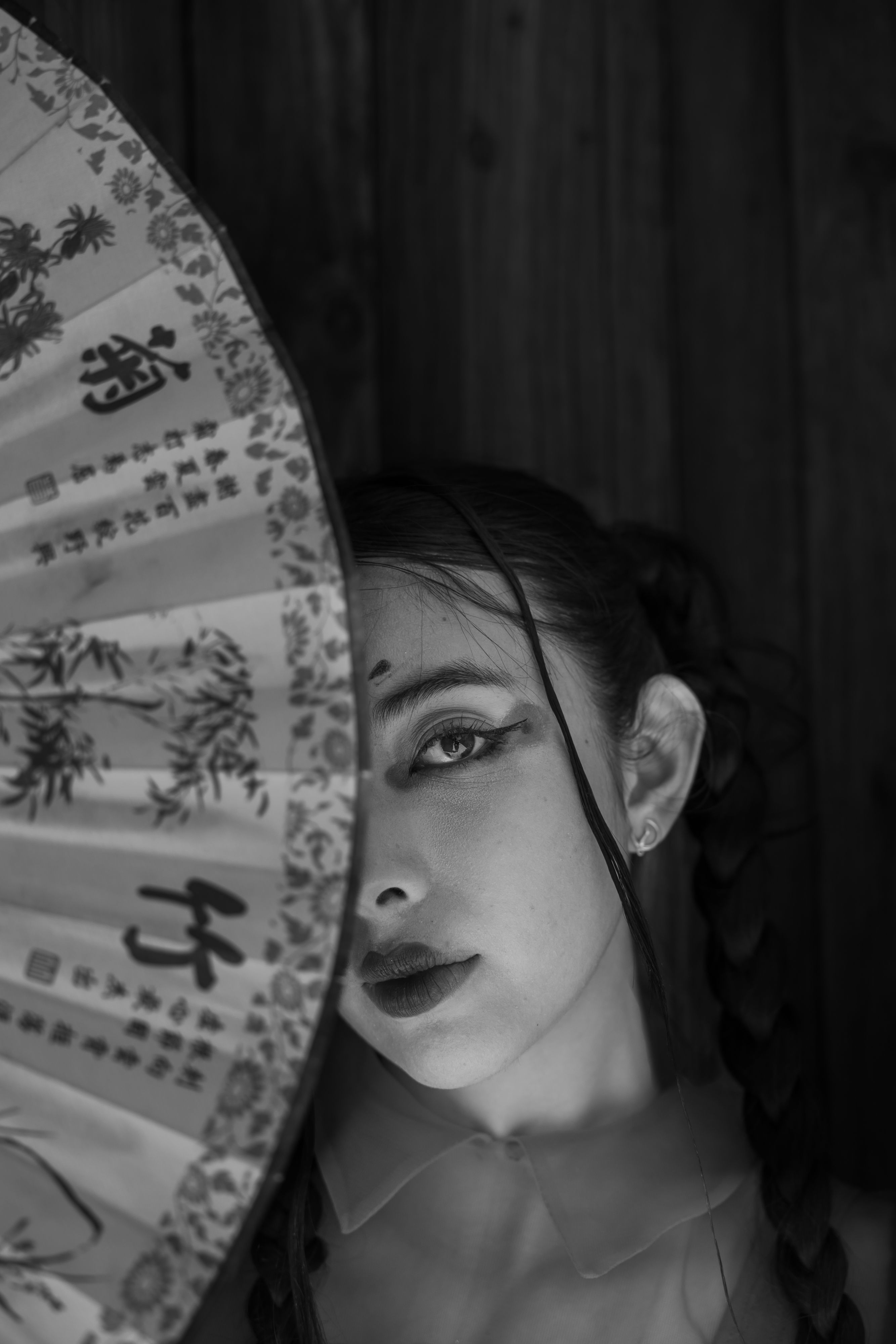 Dramatic Portrait with Traditional Fan in Black and White · Free Stock ...