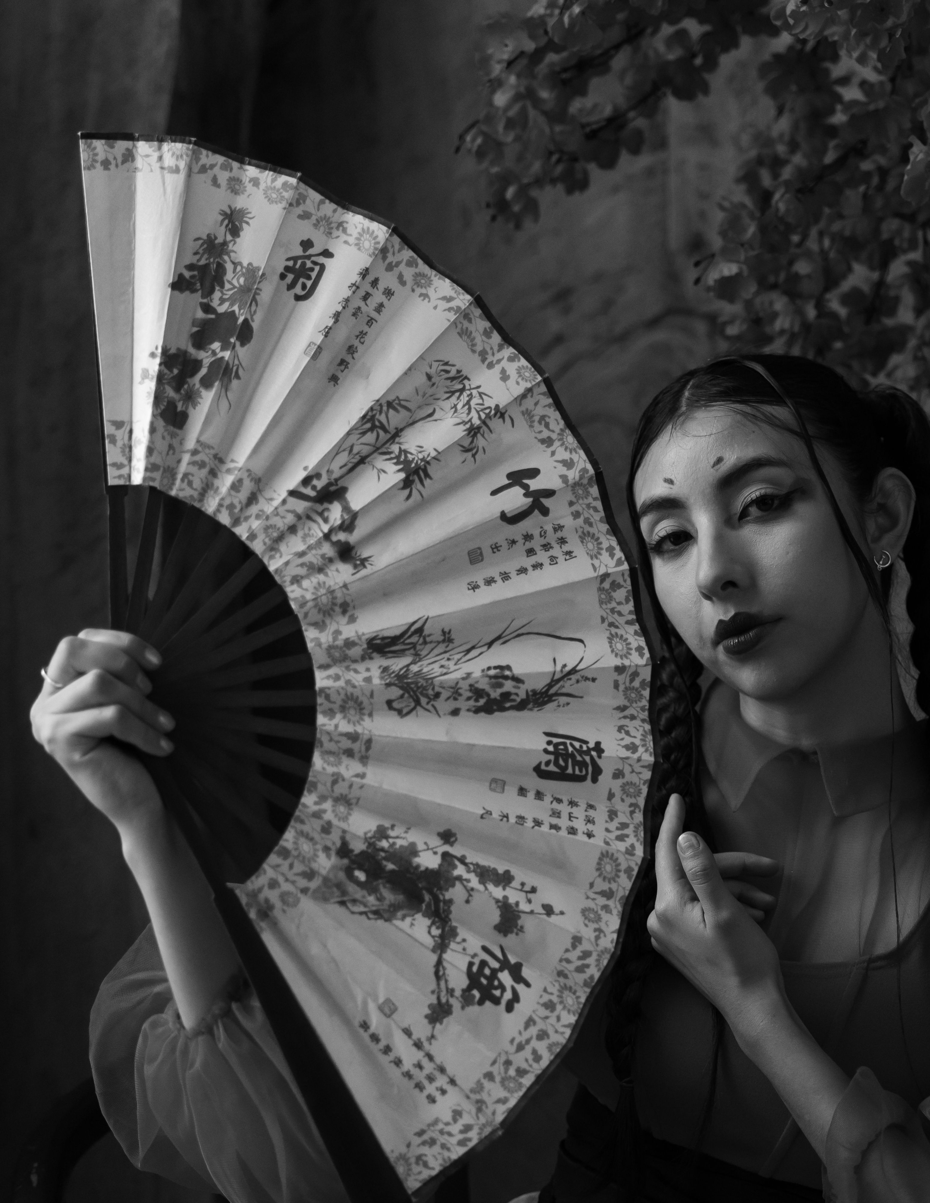 Black and White Portrait with Traditional Fan · Free Stock Photo