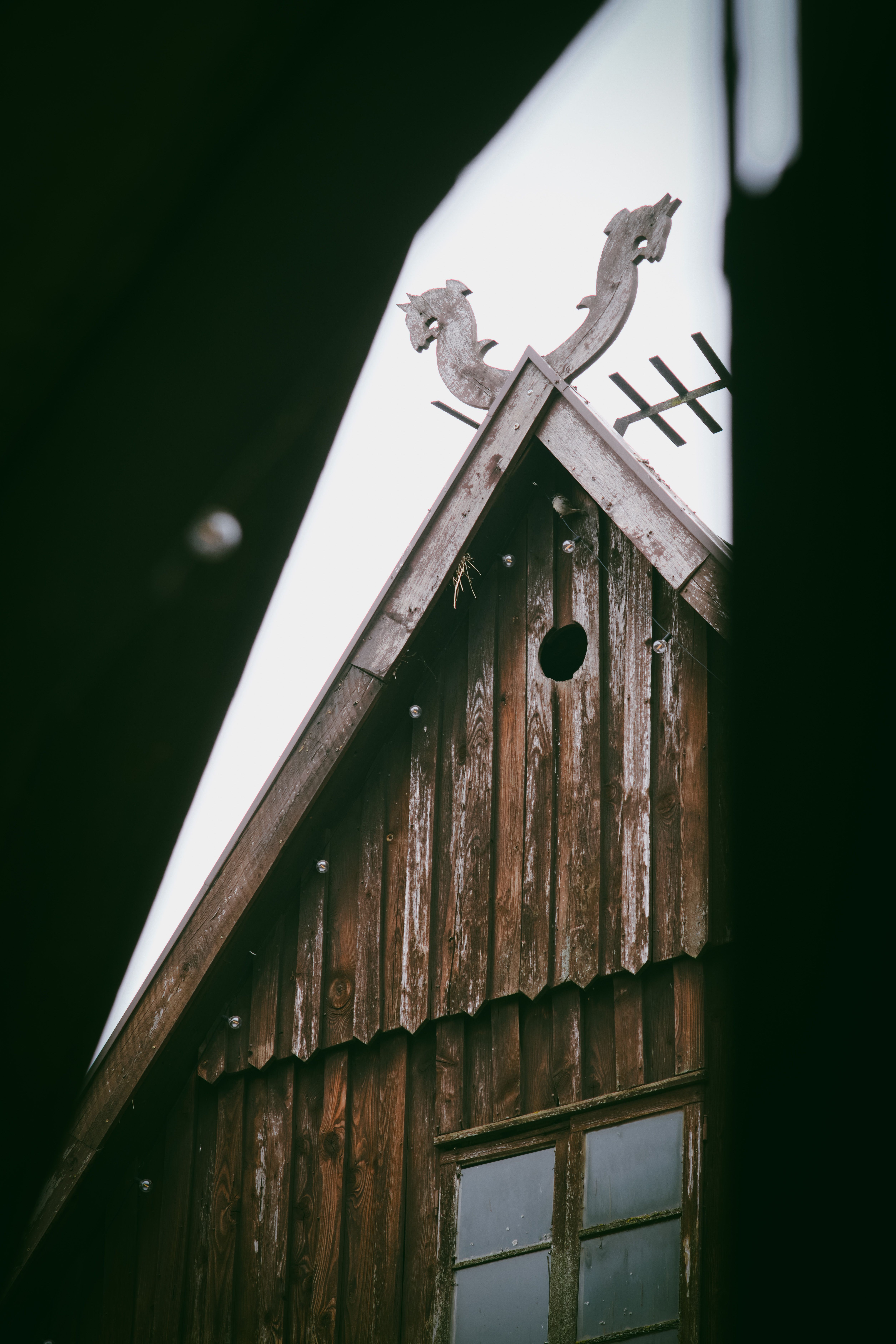 Rustic Wooden Barn Roof with Carved Dragon Detail · Free Stock Photo