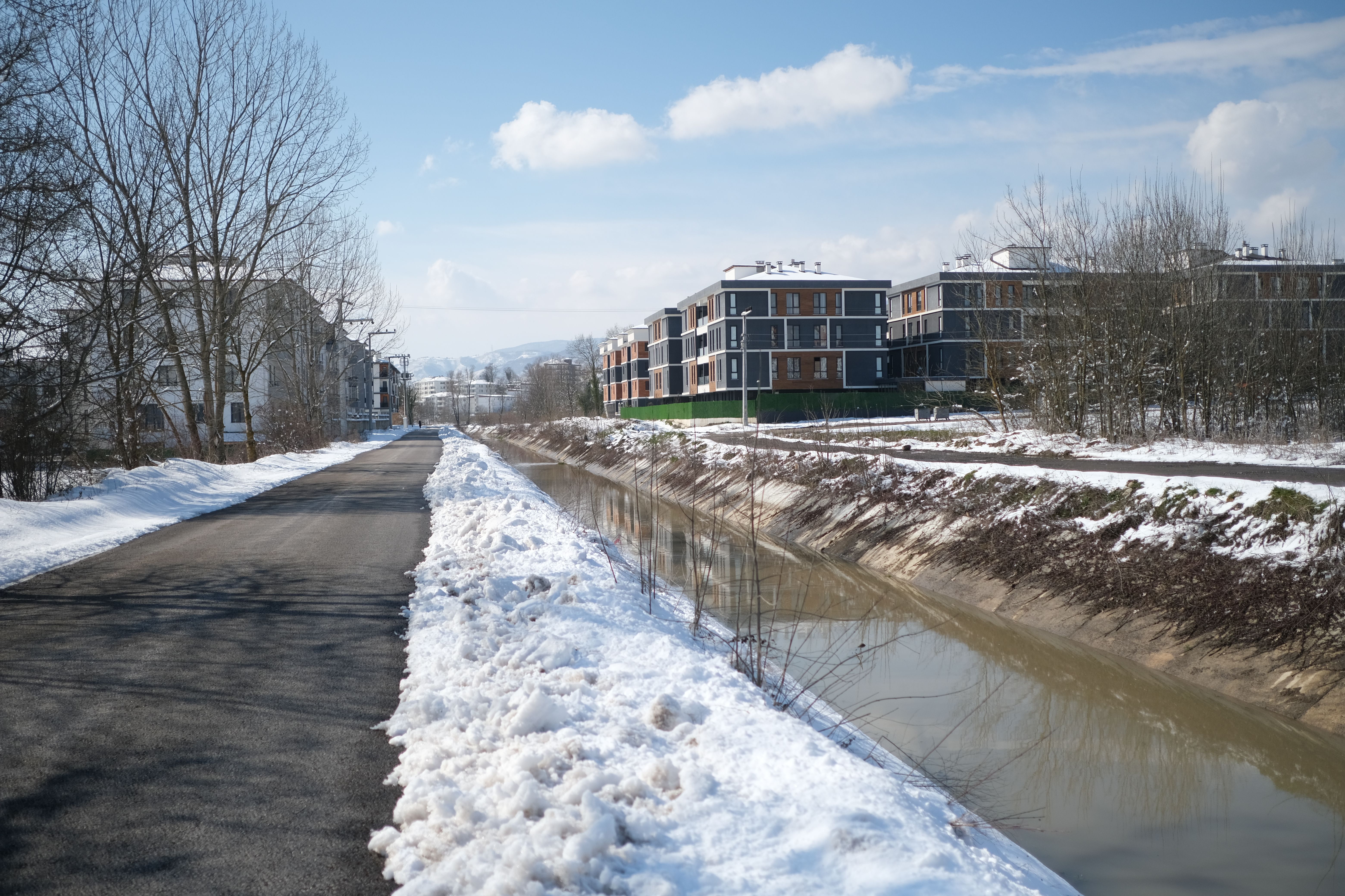 Snowy Urban Landscape with Canal Pathway · Free Stock Photo