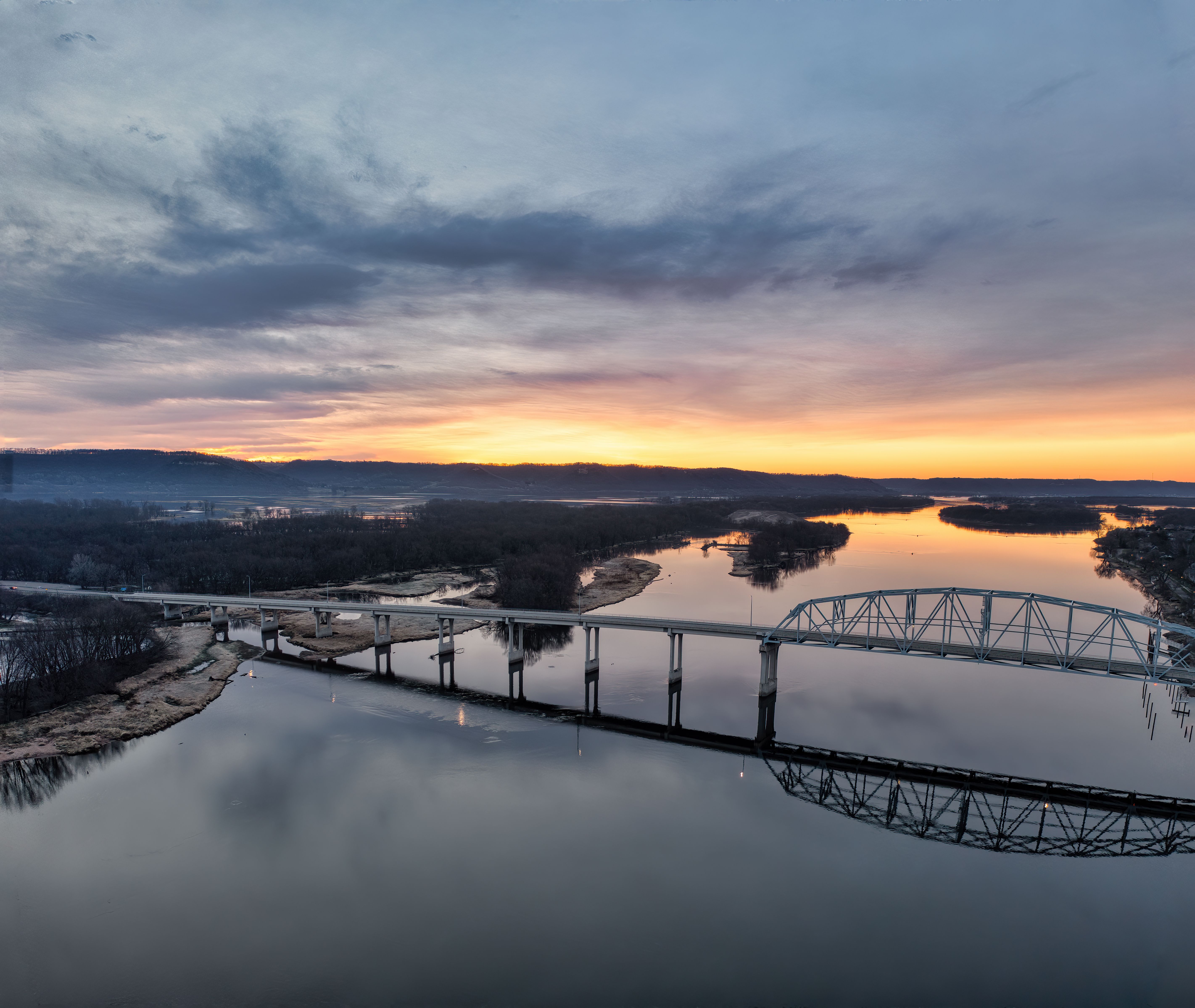 Aerial View of Sunrise over Mississippi River Bridge · Free Stock Photo