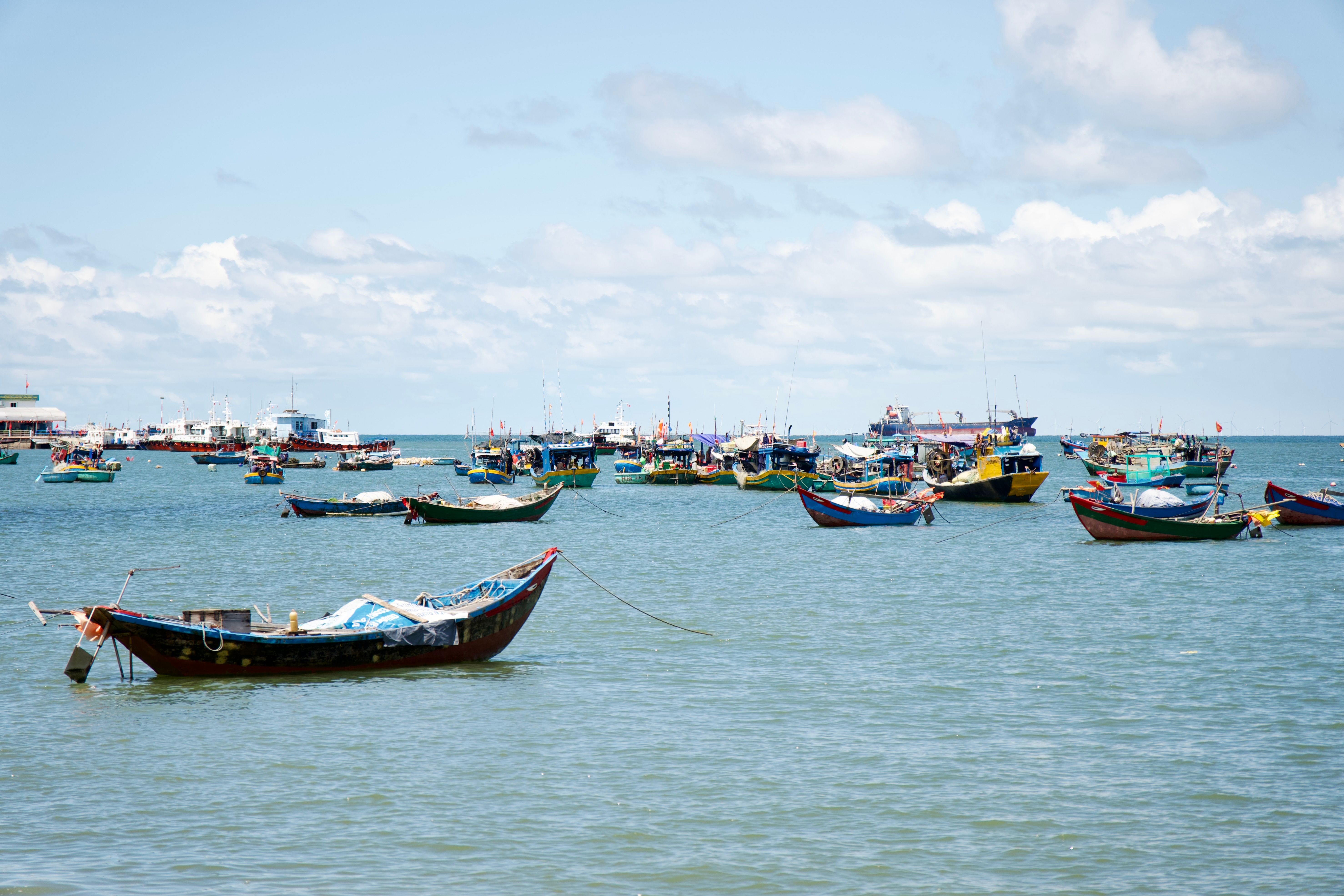 Vibrant Fishing Boats on Tranquil Sea · Free Stock Photo