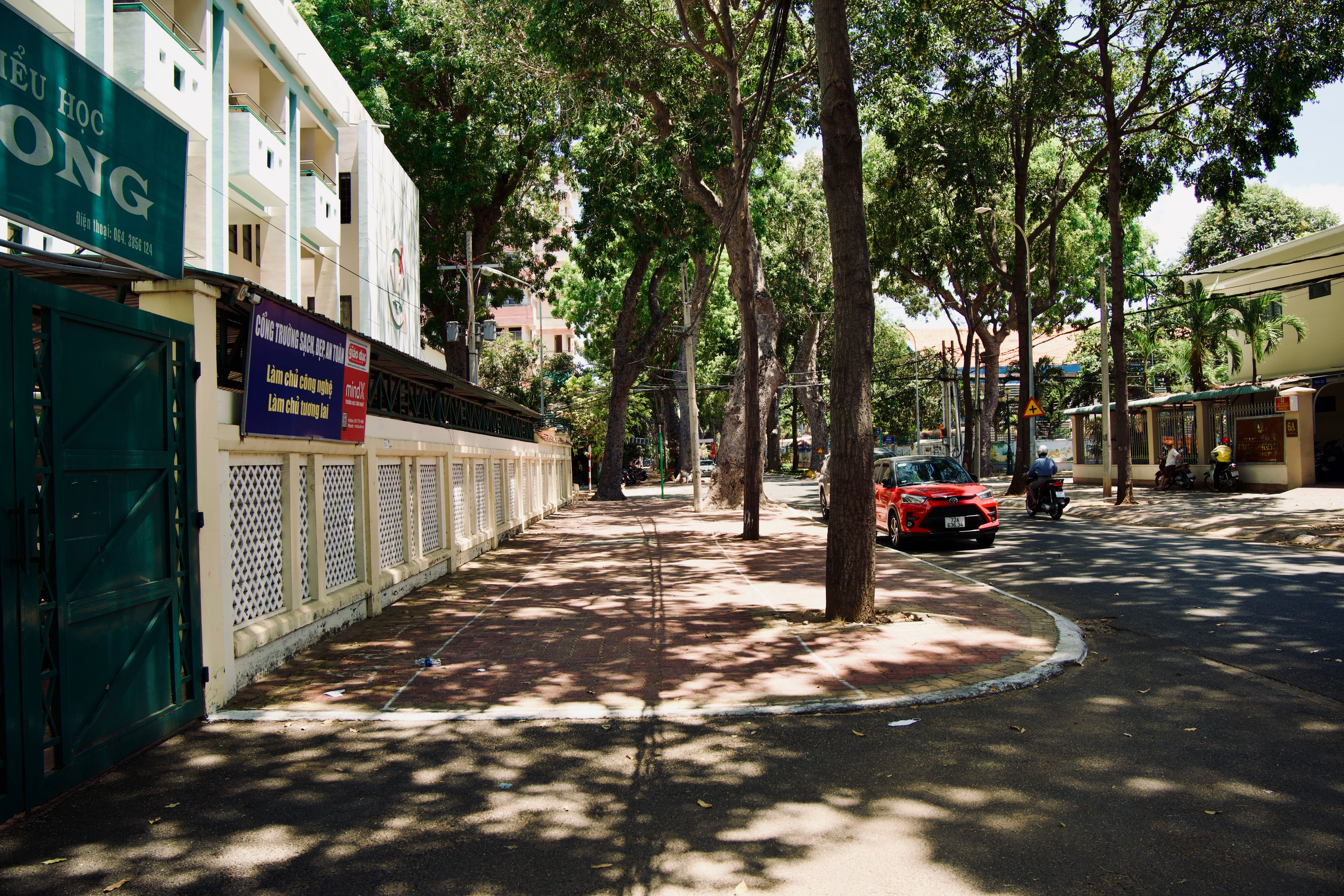 Sunny Sidewalk Scene on a Tree-Lined Street · Free Stock Photo