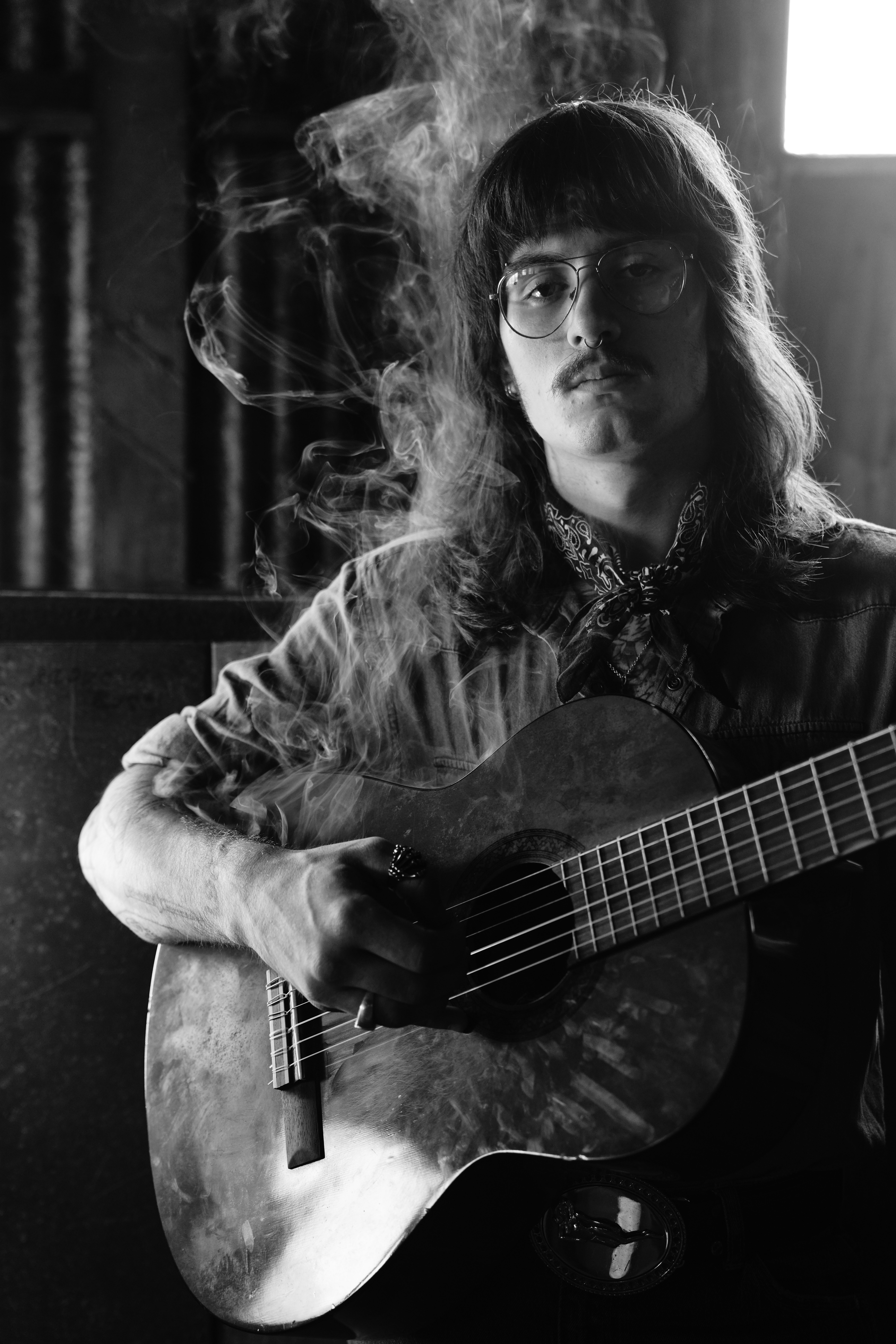 Mysterious Musician with Acoustic Guitar and Smoke · Free Stock Photo