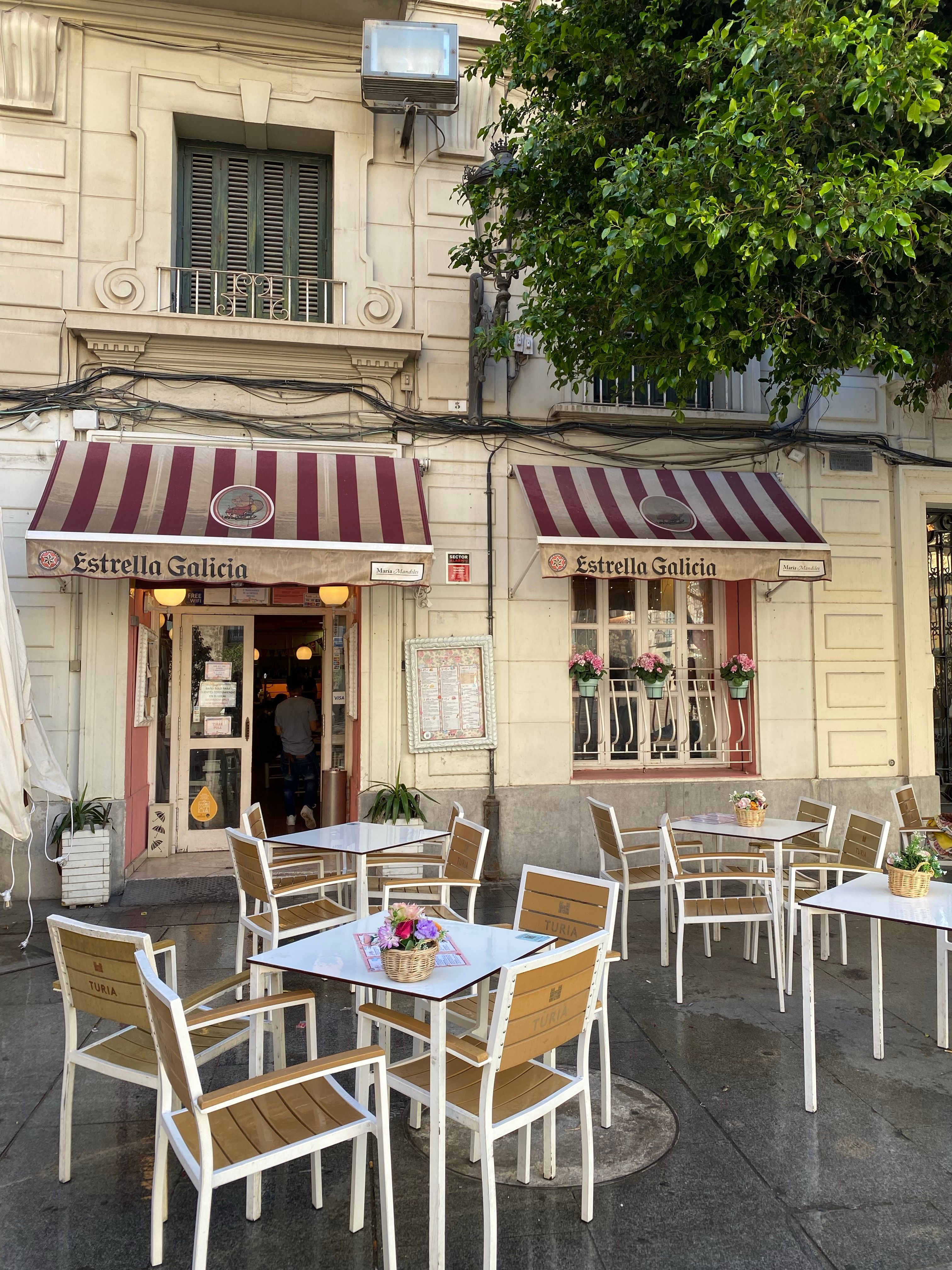 Exterior of stylish coffee shop with glass wall and street terrace ...