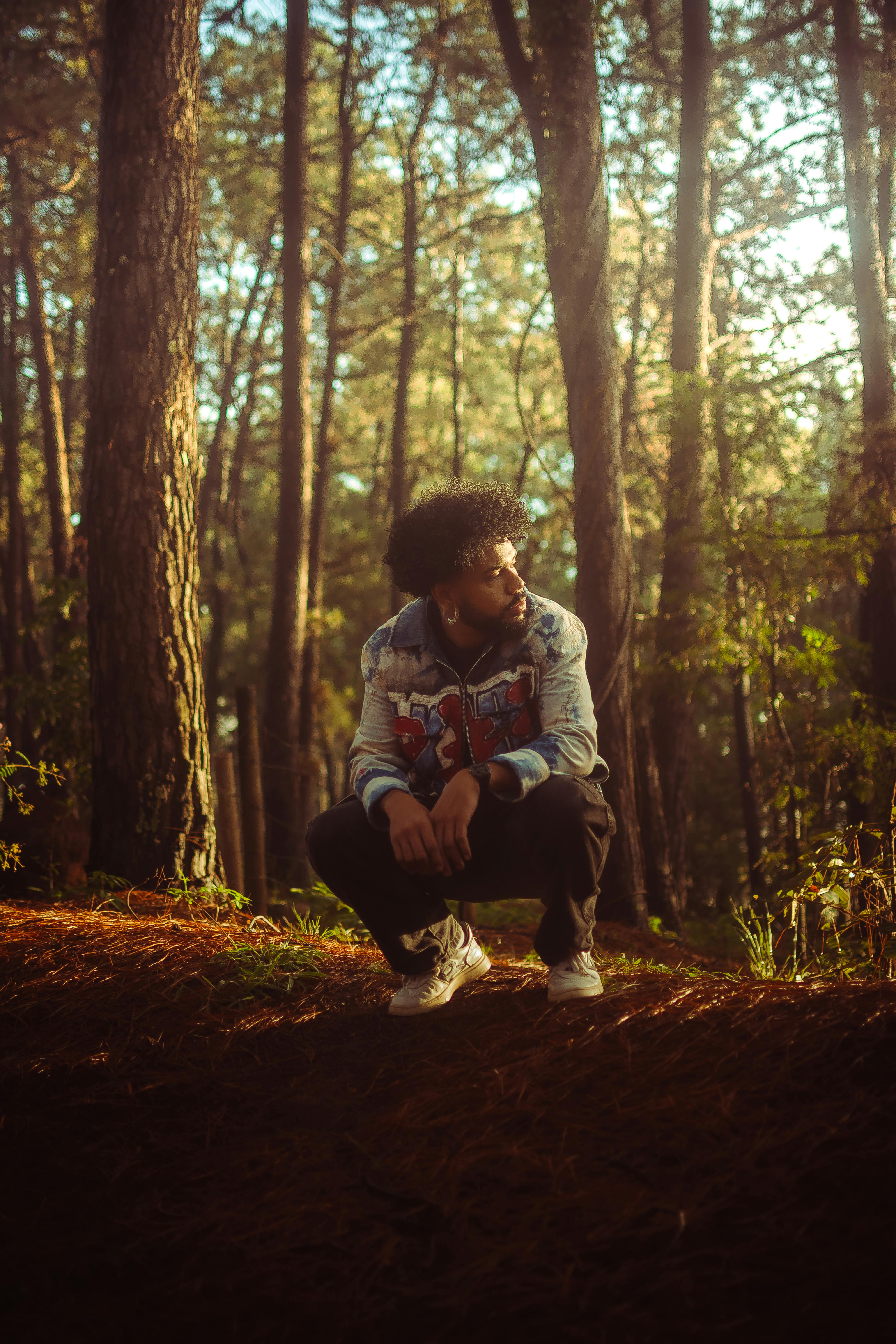 Man Squatting in Sunlit Pine Forest · Free Stock Photo