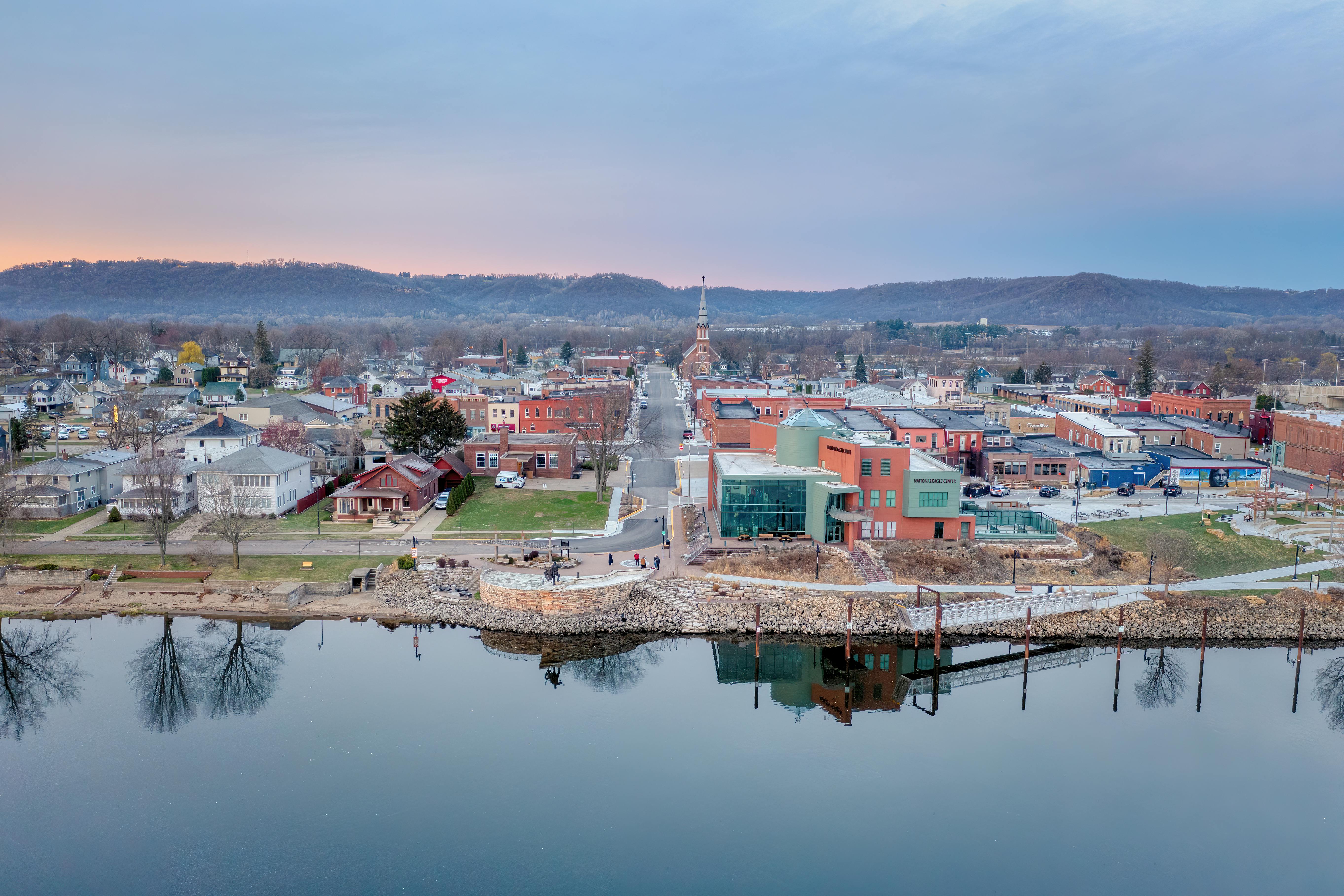 Aerial View of Downtown Wabasha, Minnesota at Dusk · Free Stock Photo