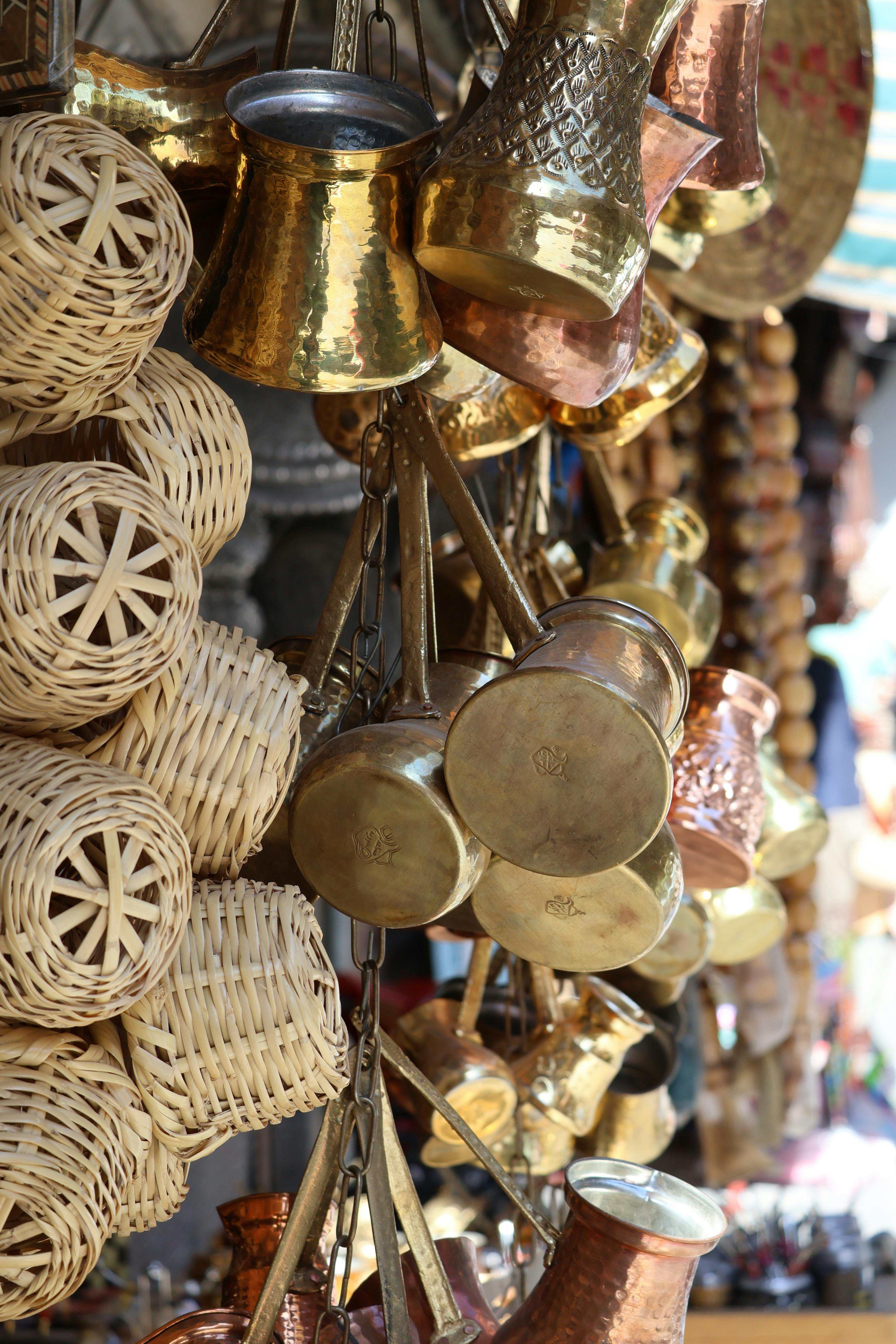Traditional Market with Copper and Wicker Goods · Free Stock Photo