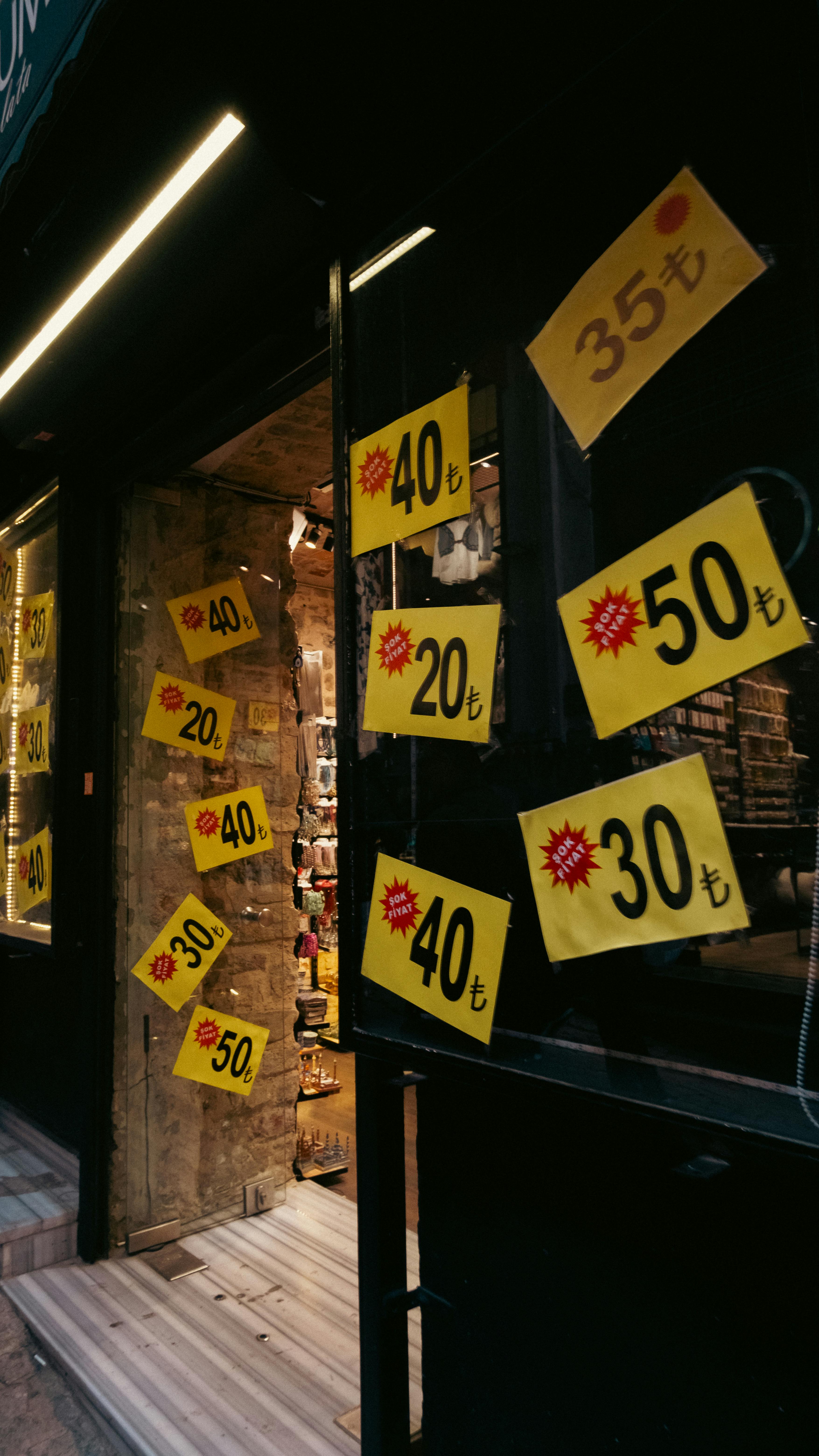 Storefront with Discount Signage and Prices in Turkish Lira · Free ...