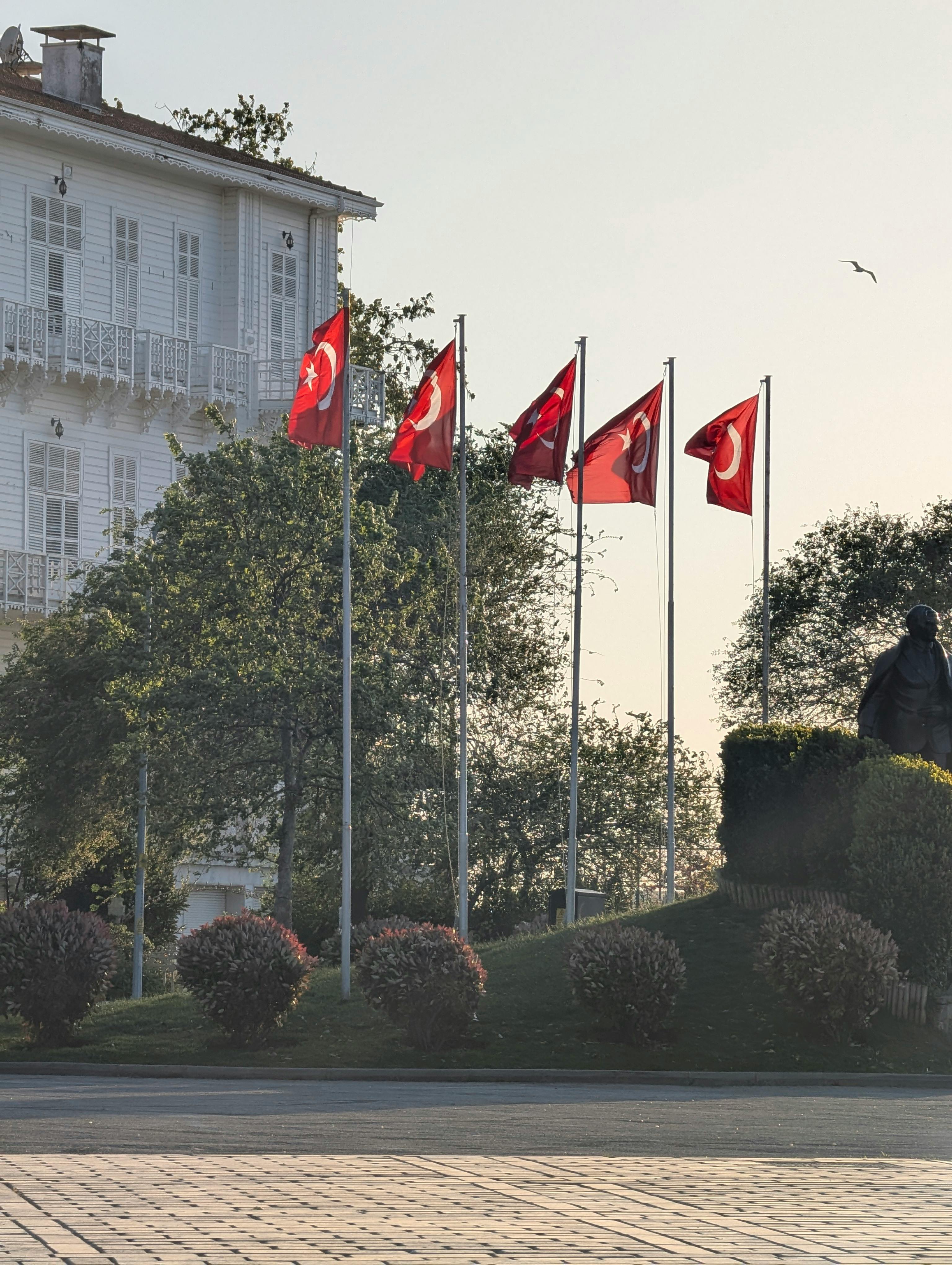 Turkish Flags Alongside Historical Building at Dawn · Free Stock Photo