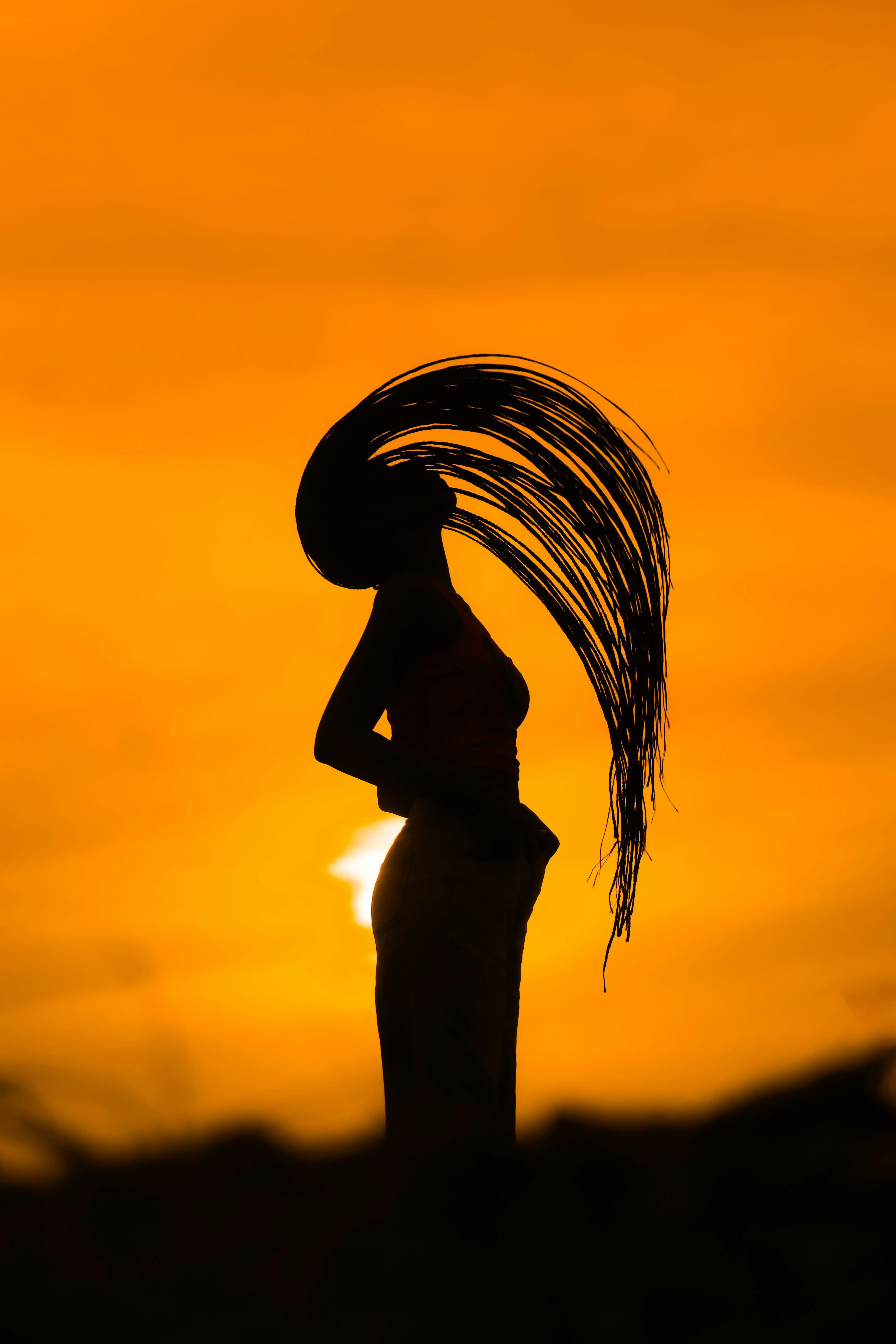Silhouette of Woman with Braids at Sunset · Free Stock Photo