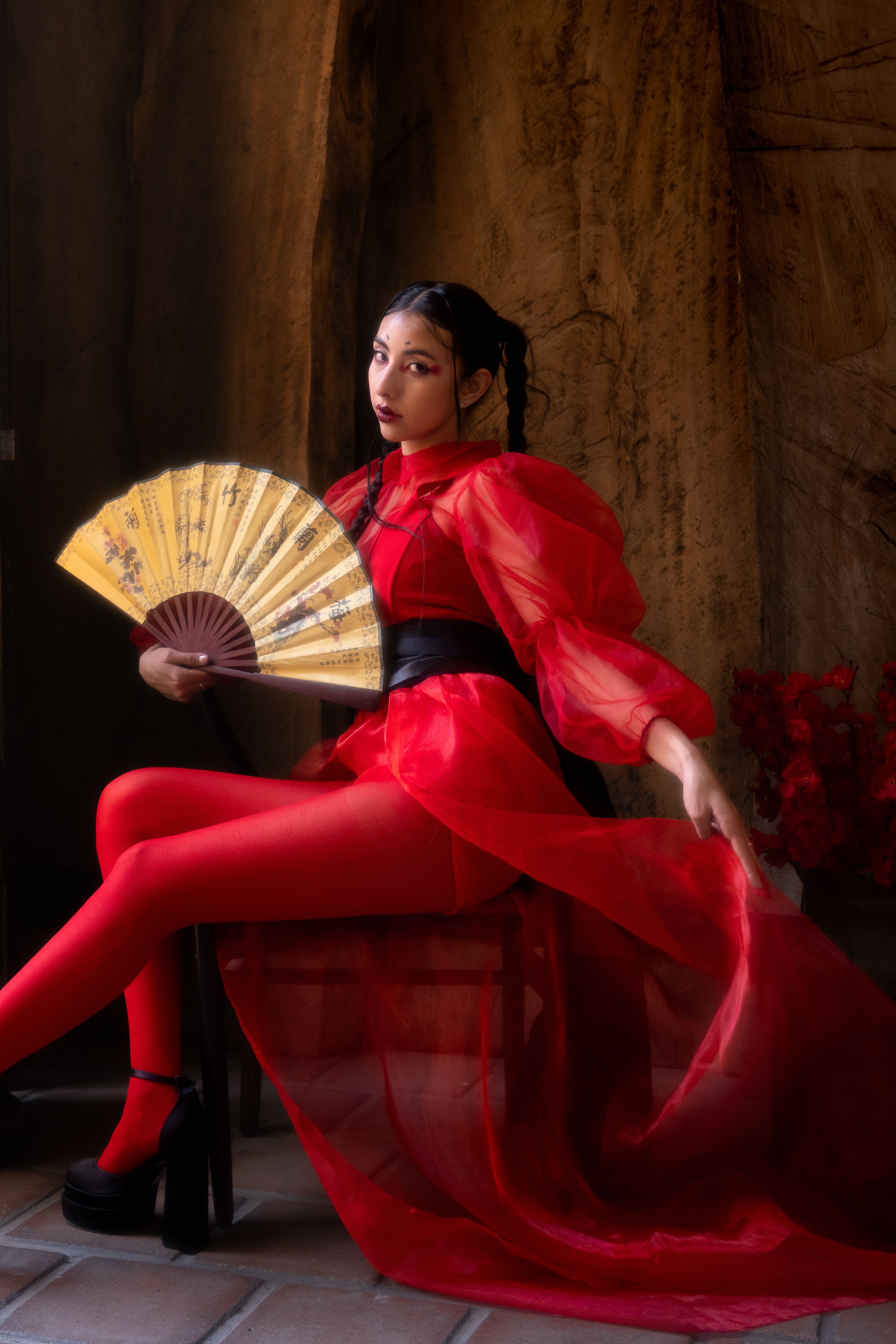 Elegant Woman in Red Dress with Fan Portrait · Free Stock Photo