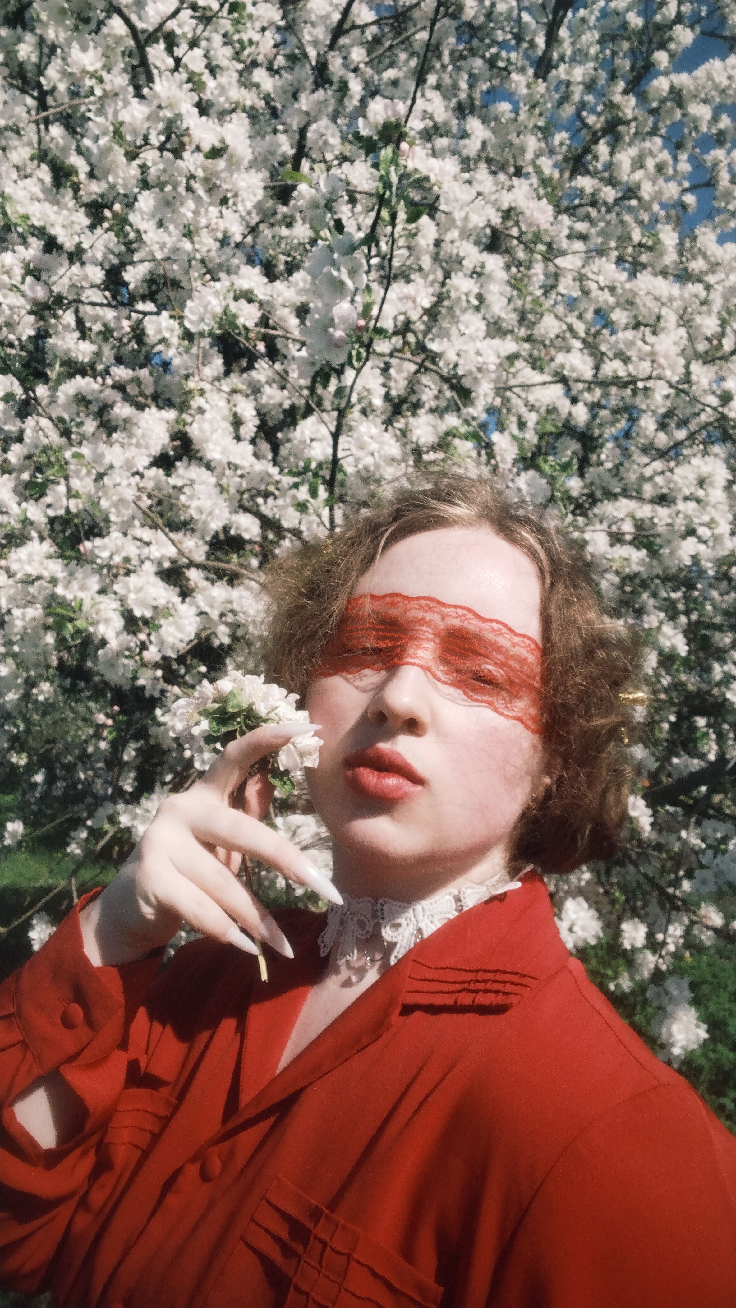 Springtime Portrait with Cherry Blossoms and Red Lace · Free Stock Photo