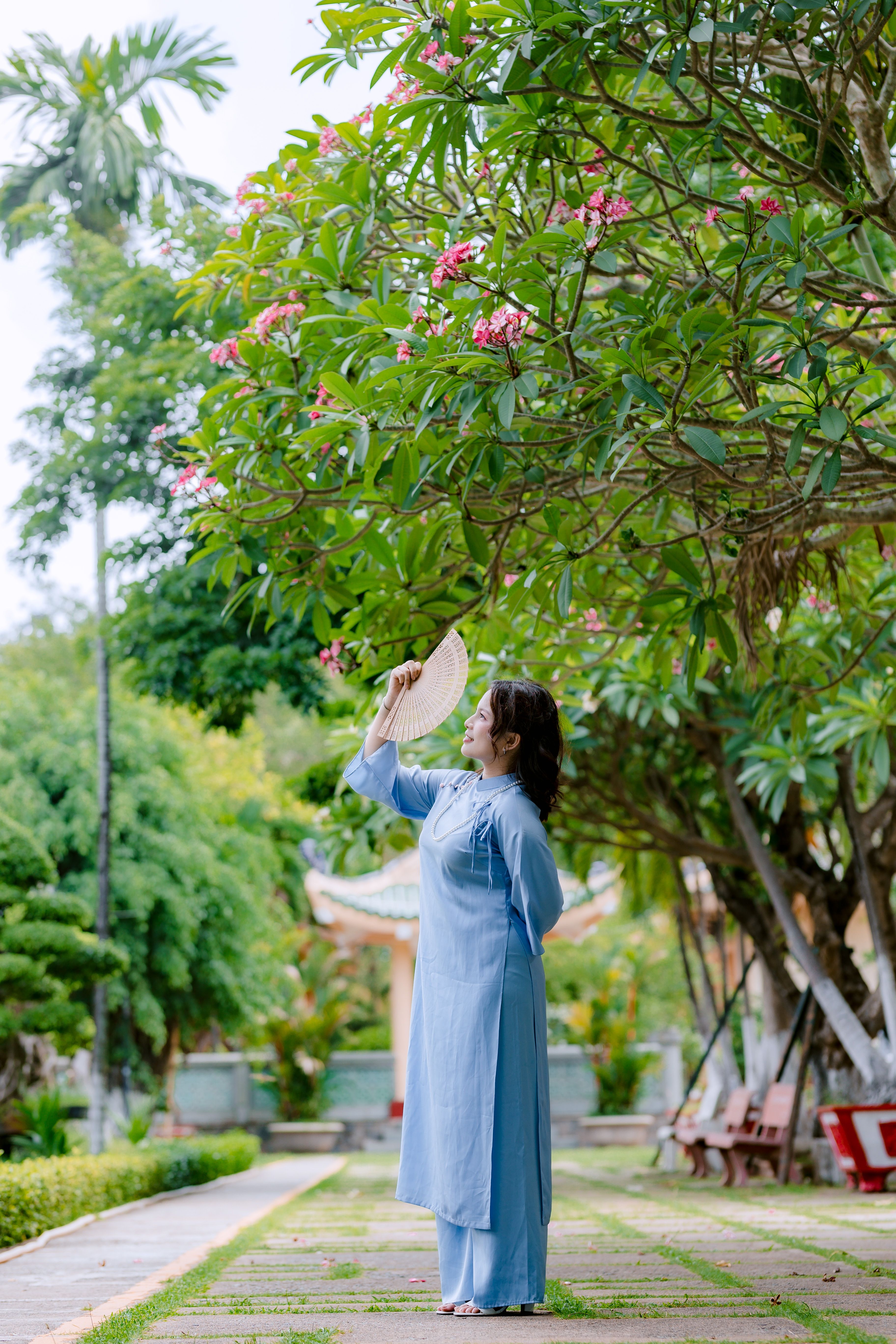 Graceful Woman in Traditional Dress Under Blooming Tree · Free Stock Photo