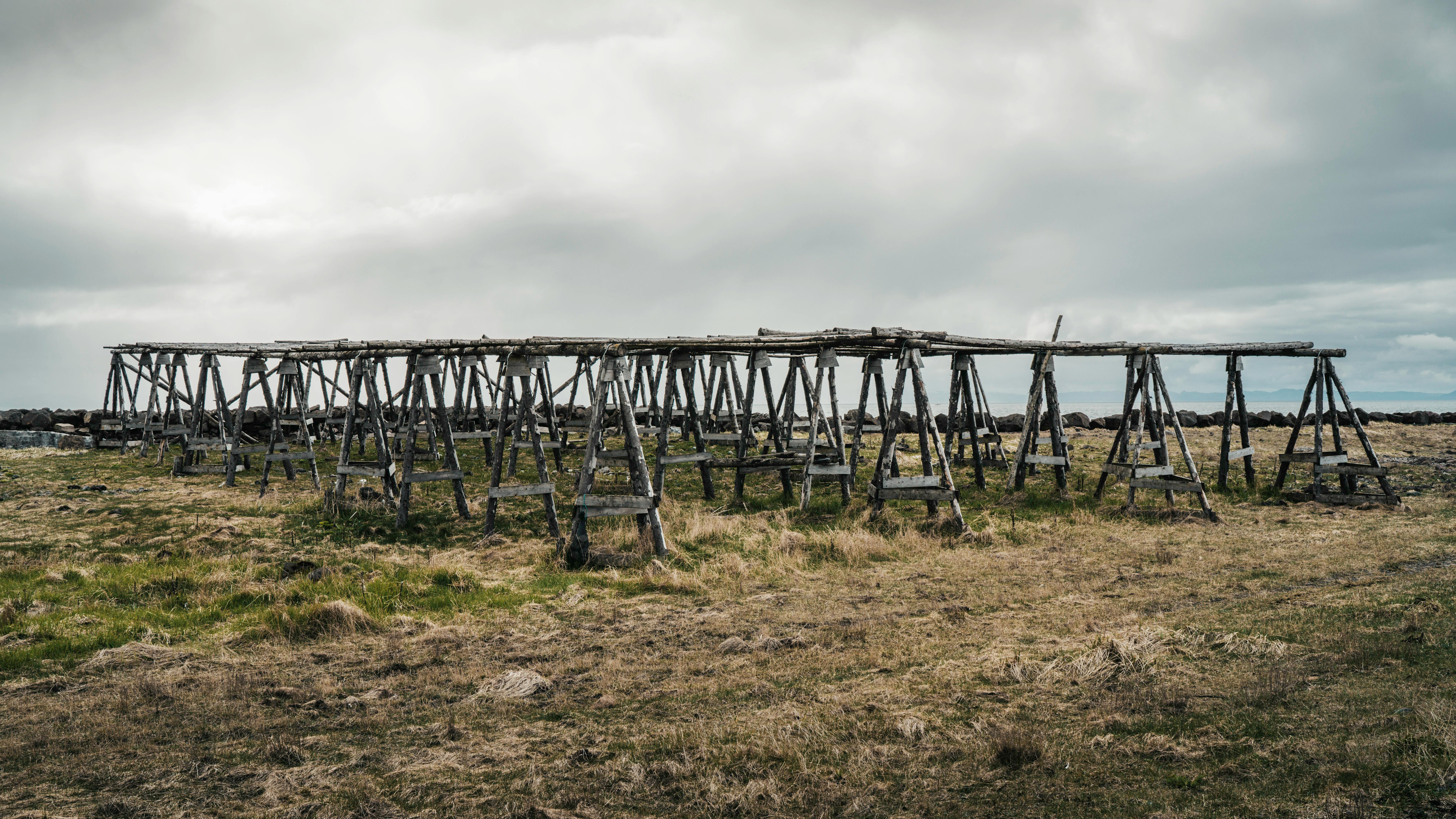Traditional Fish Drying Racks in Icelandic Landscape · Free Stock Photo