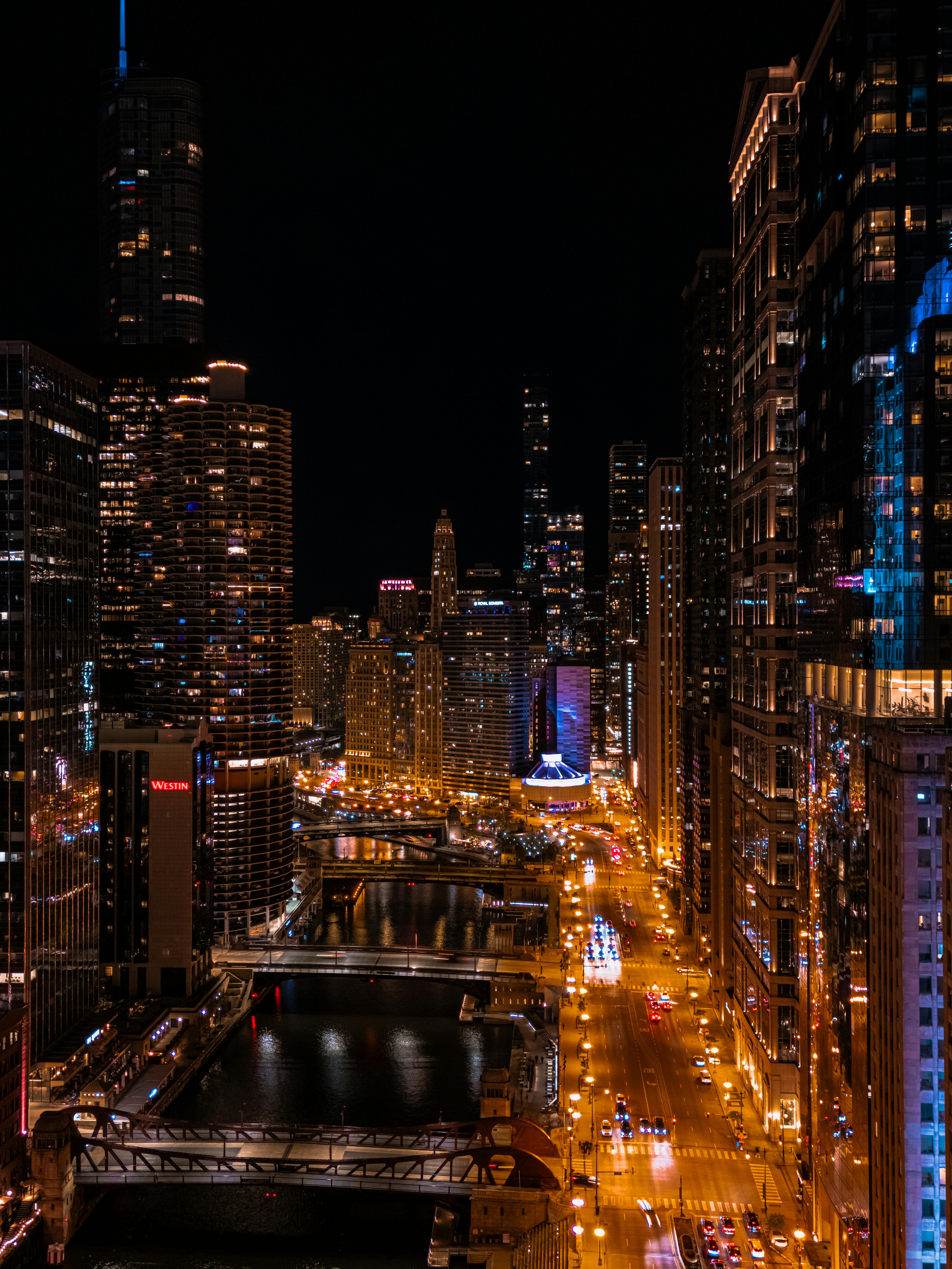Vibrant Chicago Night Skyline by River · Free Stock Photo