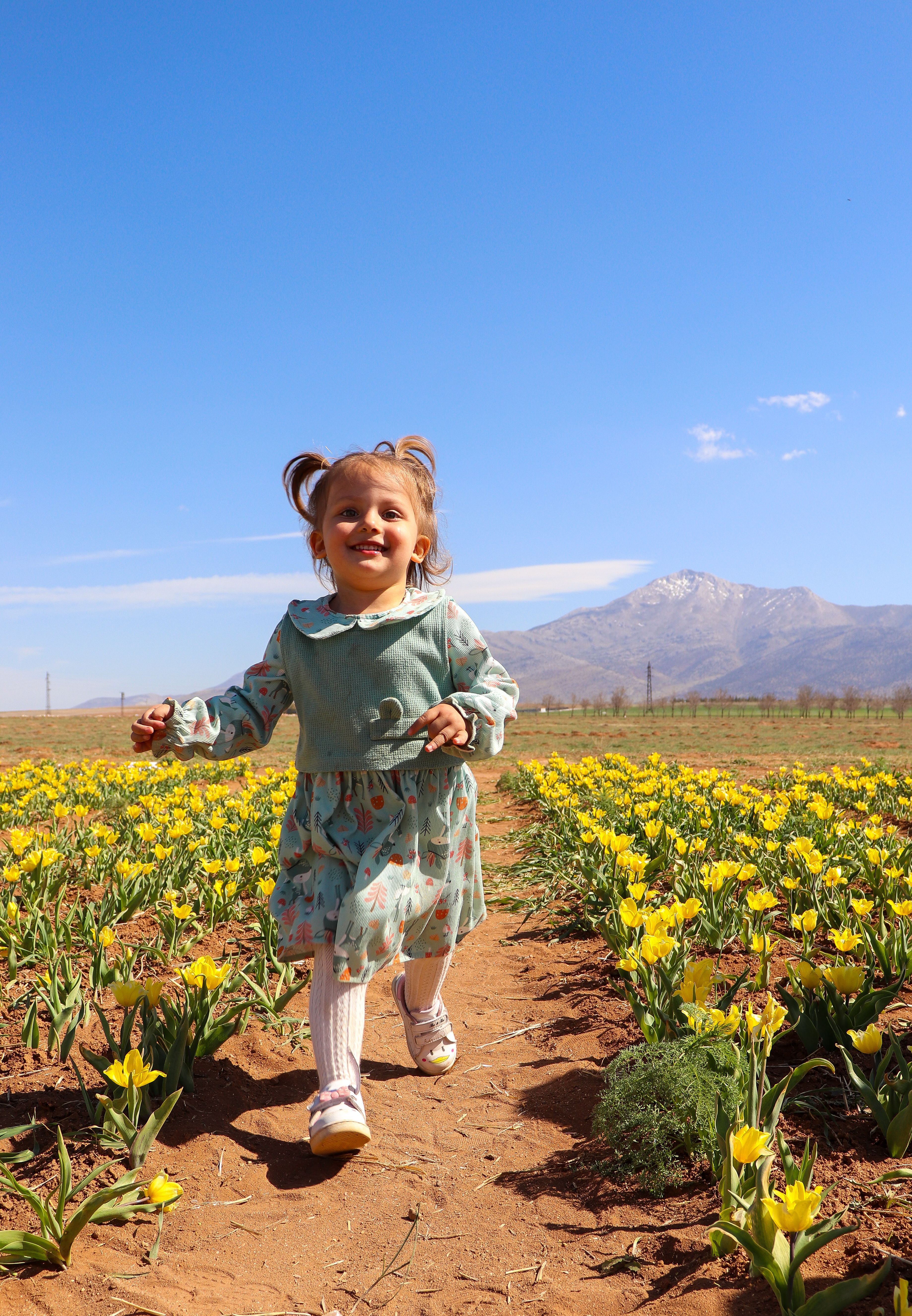 Joyful child running through a spring flower field · Free Stock Photo