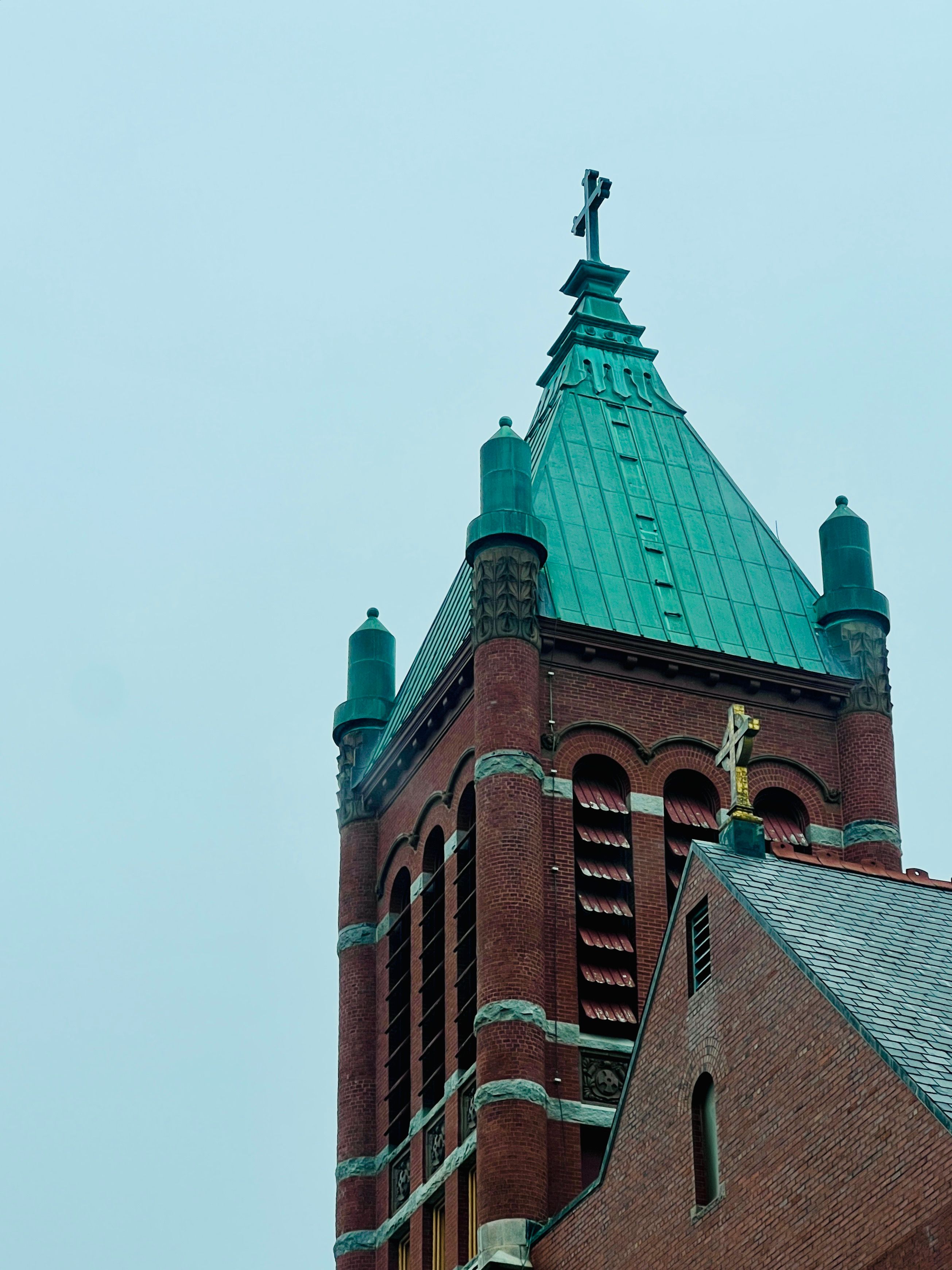 Historic Brick Church Tower with Copper Roof · Free Stock Photo