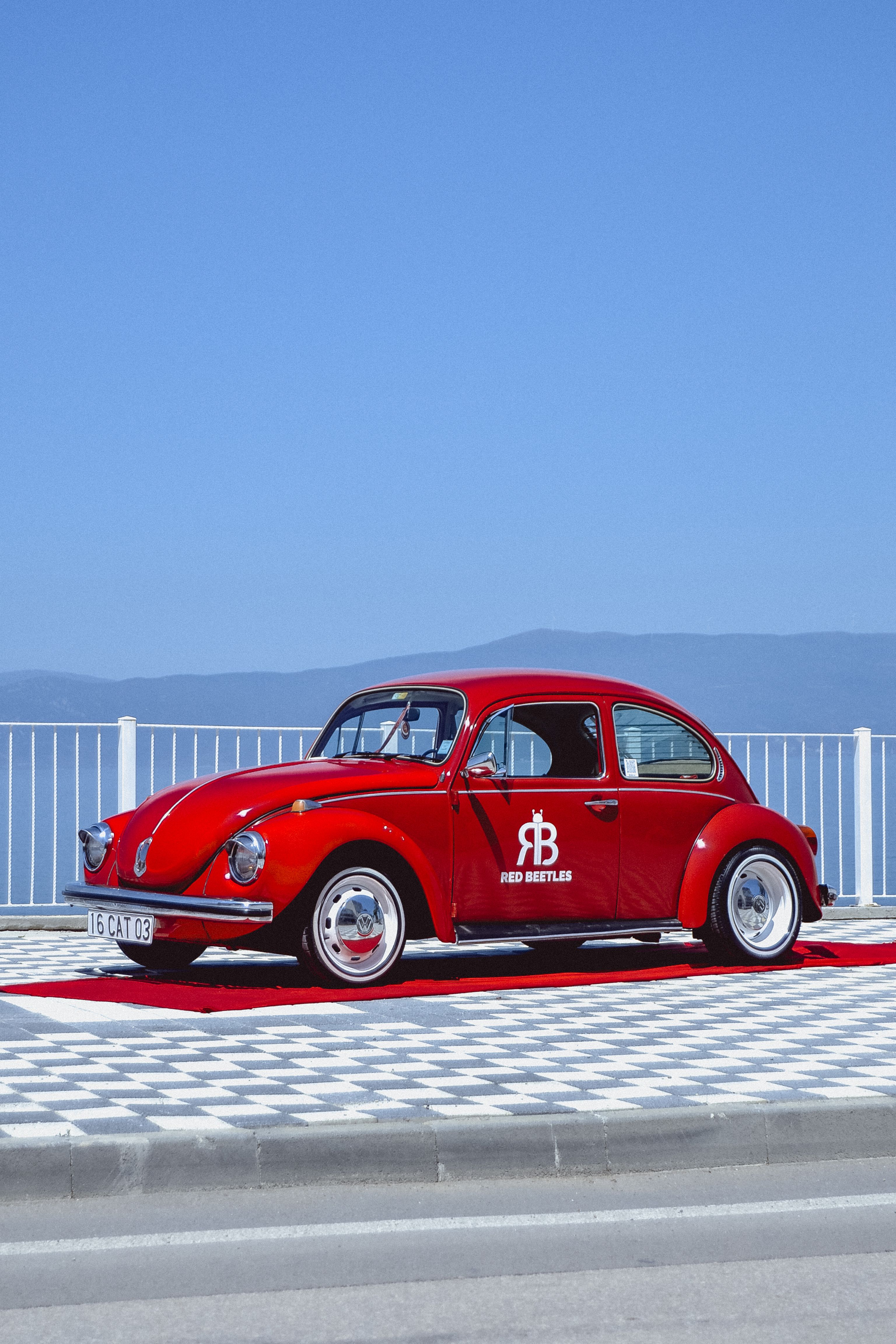 Classic Red Volkswagen Beetle on Coastal Road · Free Stock Photo