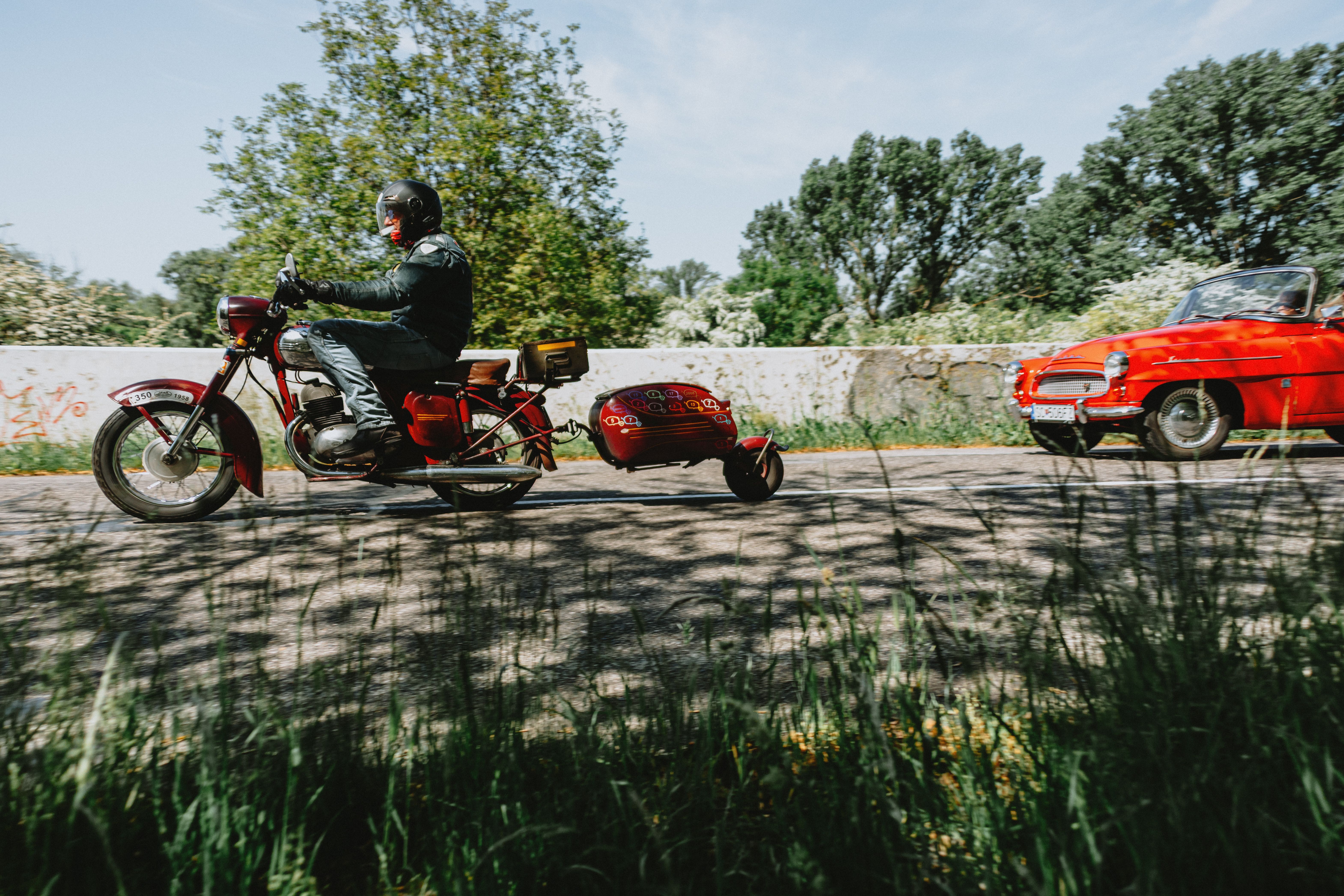 Classic Red Motorcycle with Sidecar on Sunny Road · Free Stock Photo