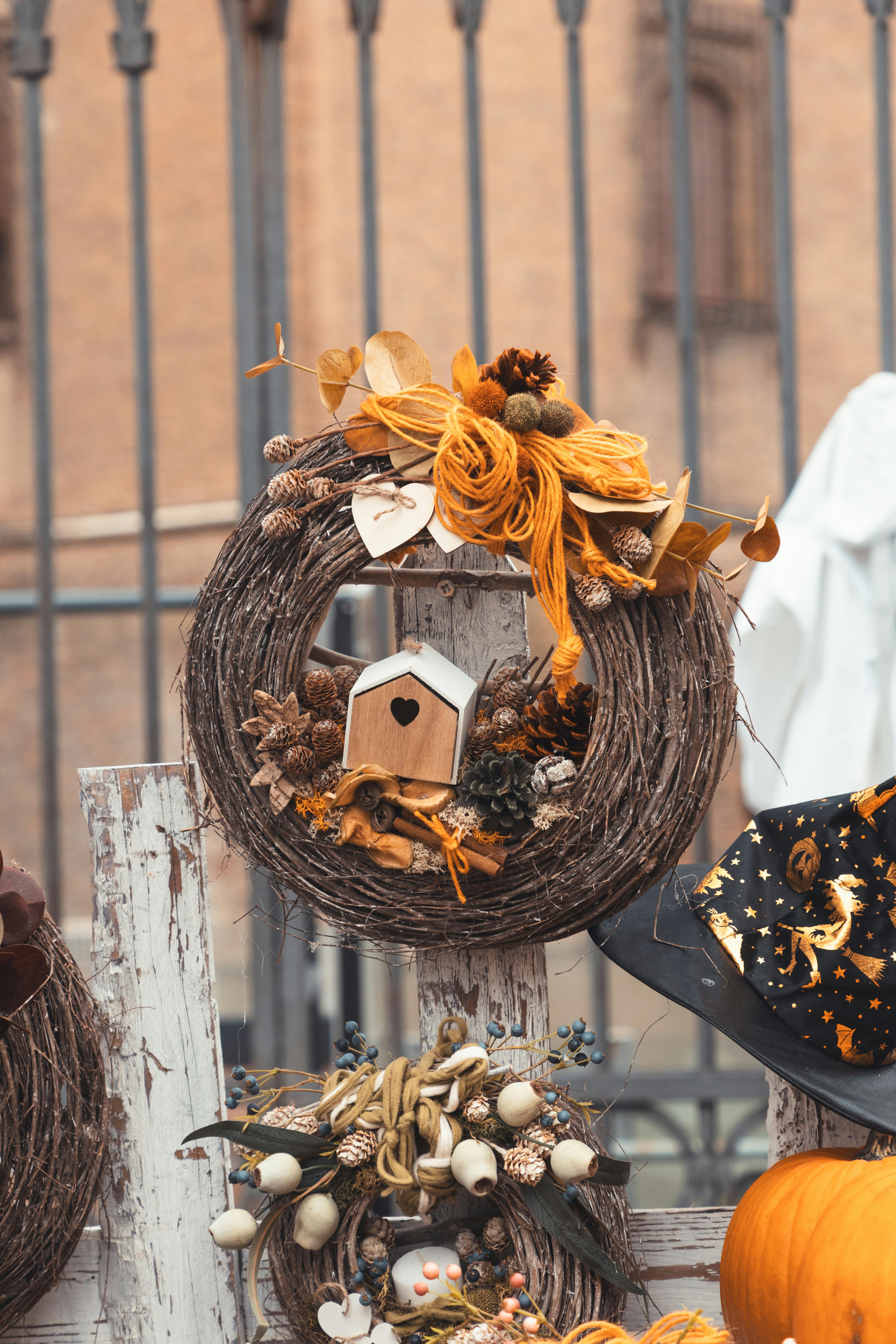 Fall-Themed Decorative Wreath with Small Birdhouse · Free Stock Photo