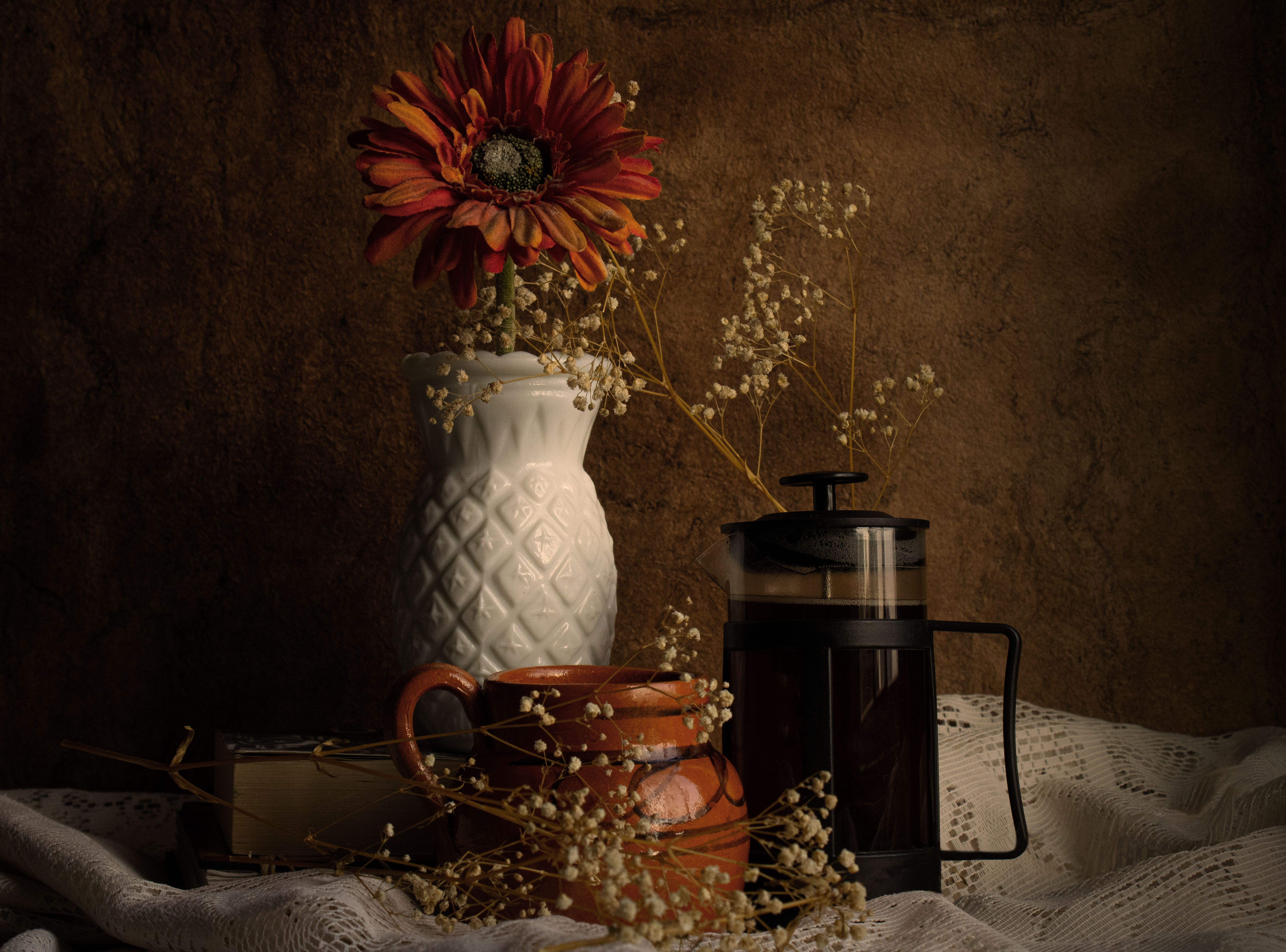 Elegant Still Life with Flower and French Press · Free Stock Photo