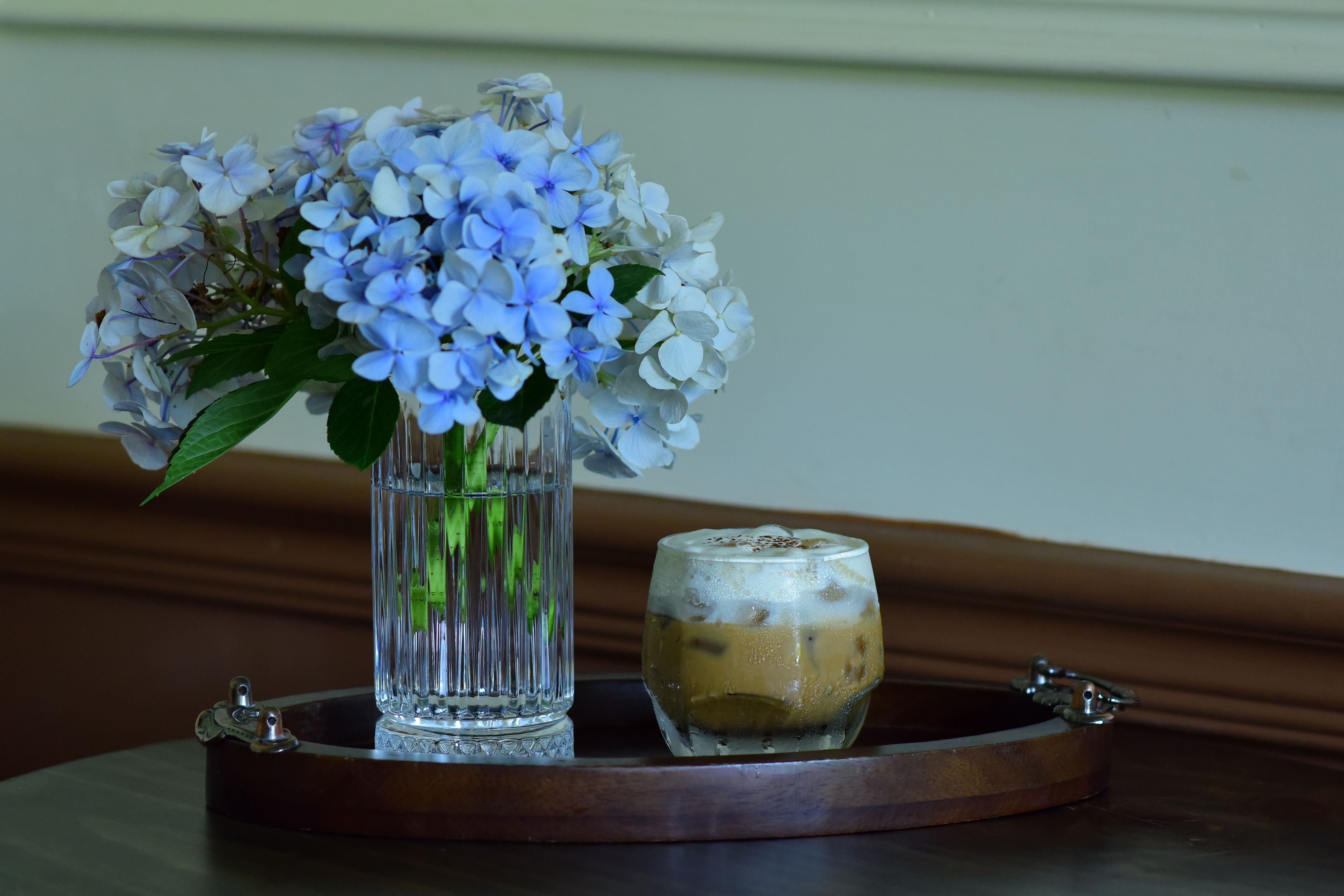 Elegant Coffee and Hydrangea Floral Arrangement · Free Stock Photo