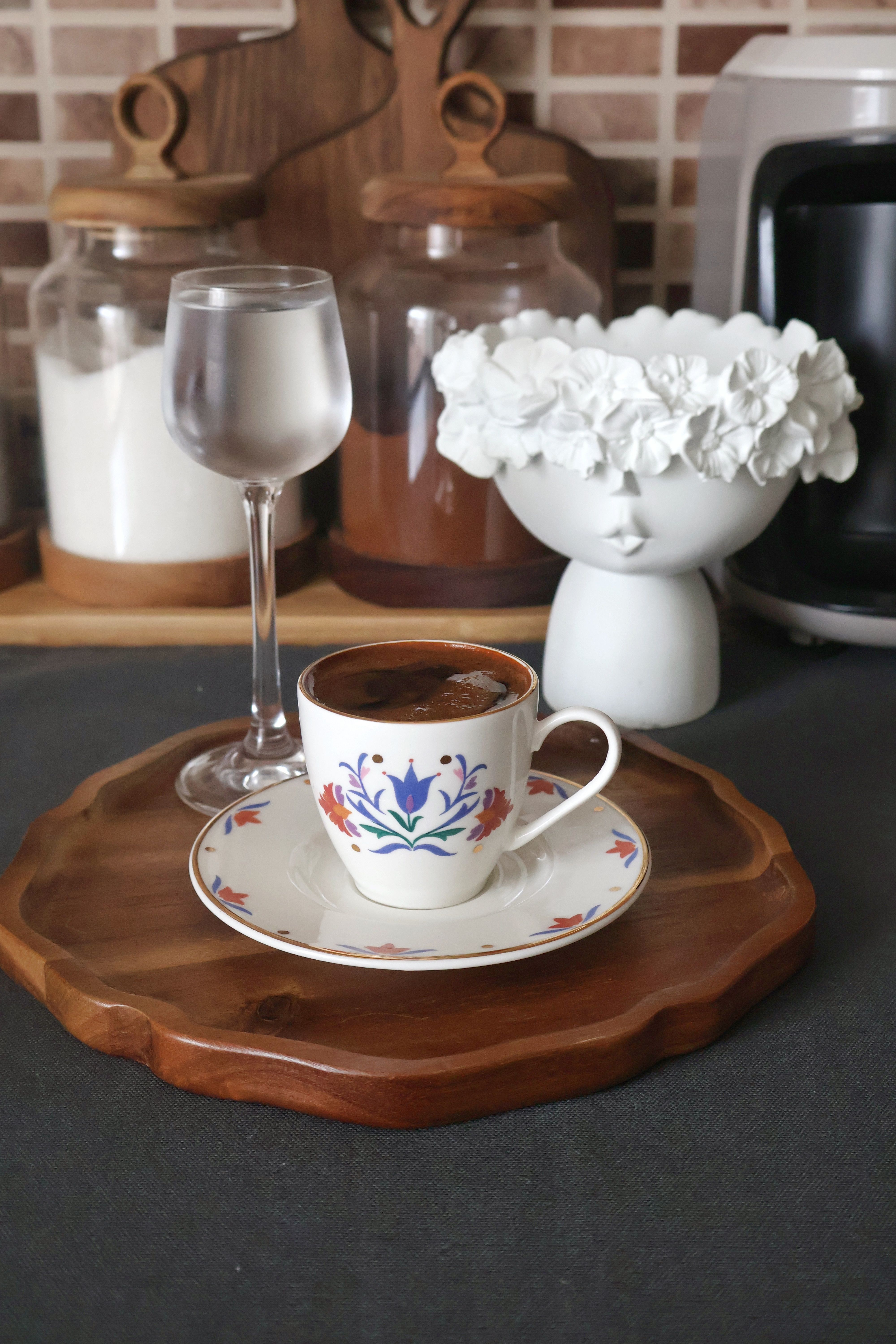 Elegant Coffee Setup with Floral Vase on Wooden Tray · Free Stock Photo