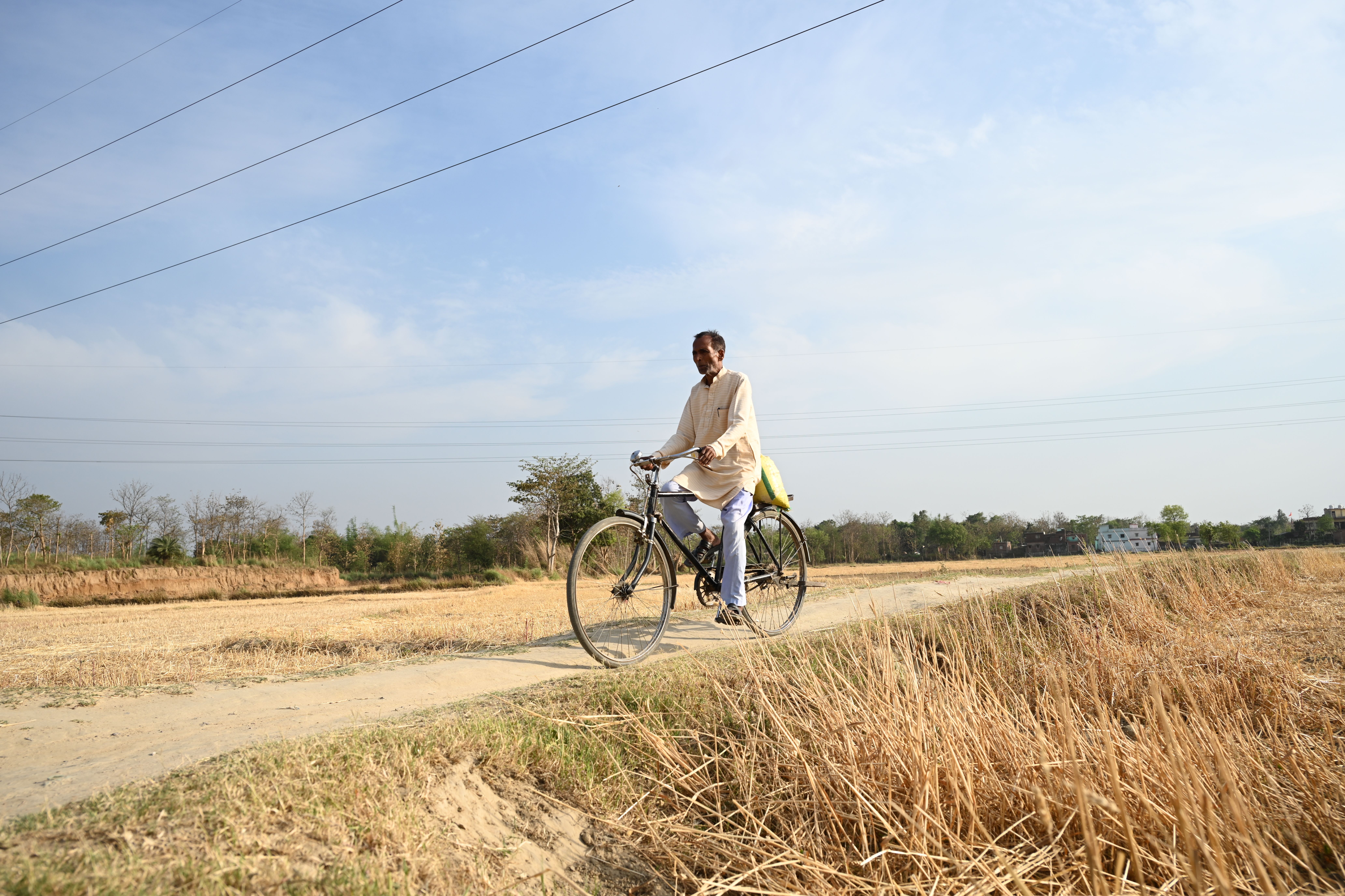 Rural Indian Man Cycling Through Fields in Hata · Free Stock Photo