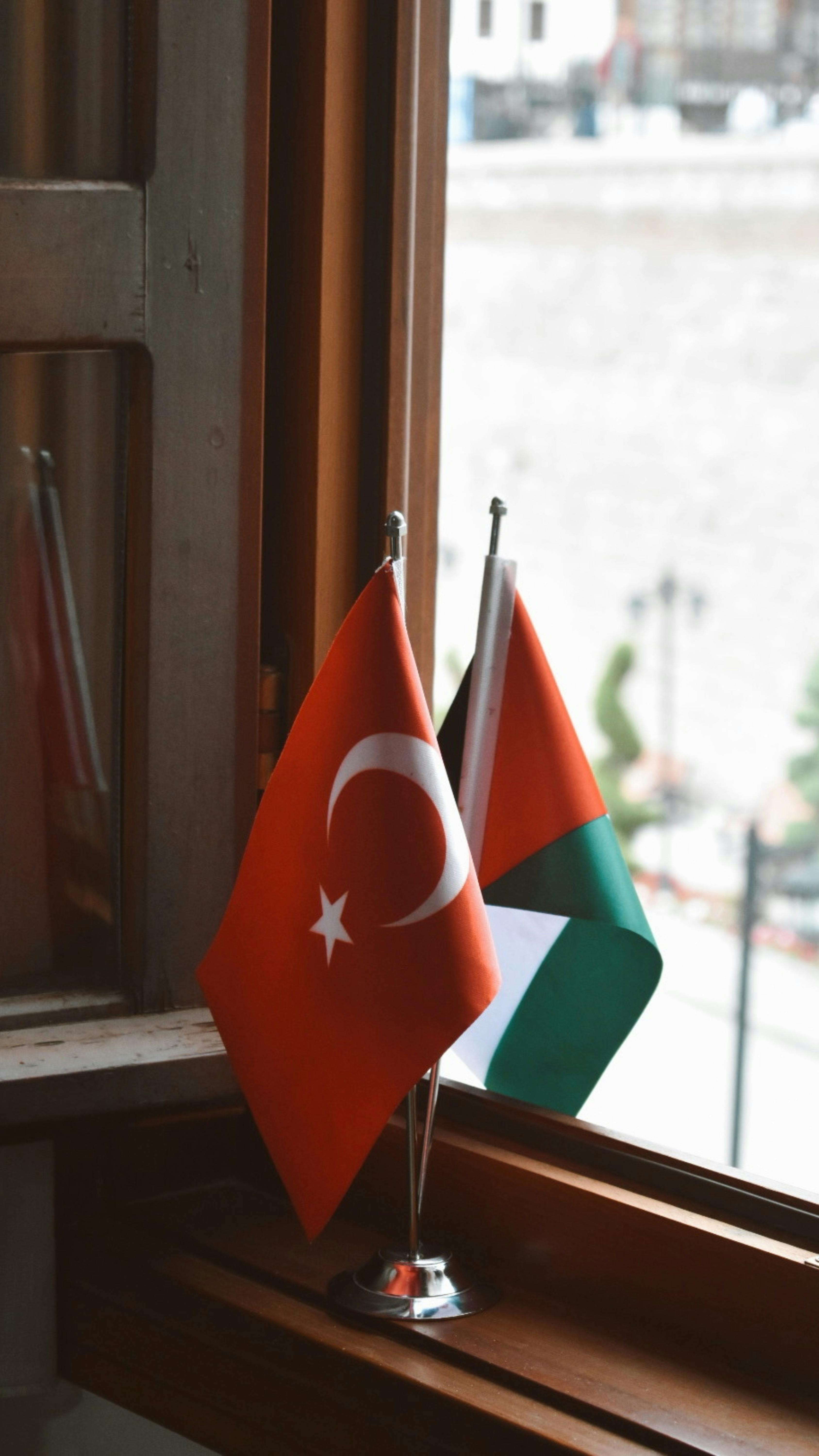 Turkish and Jordanian Flags in Window · Free Stock Photo