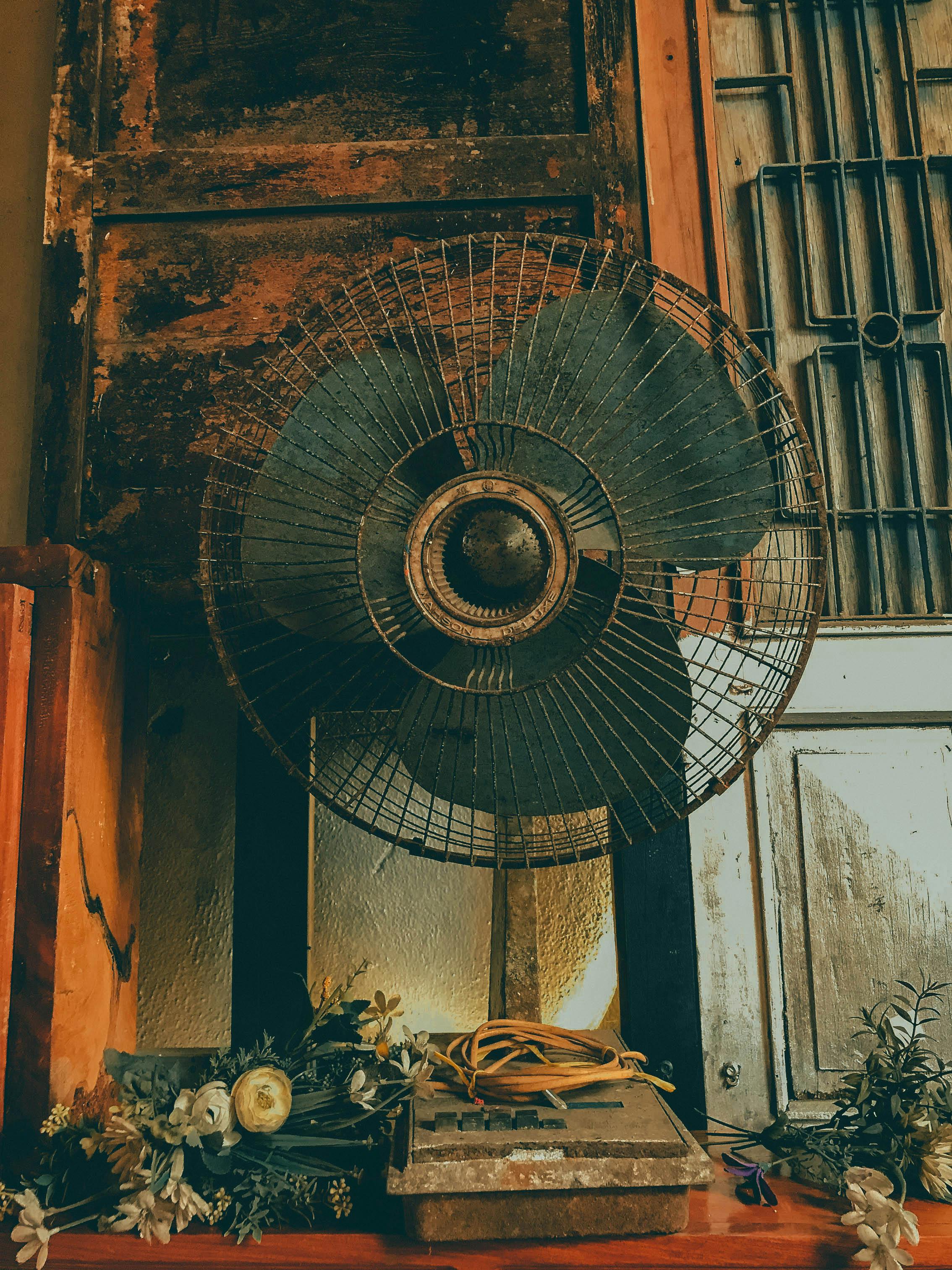 White and Blue Desk Fan beside Wooden Wall · Free Stock Photo