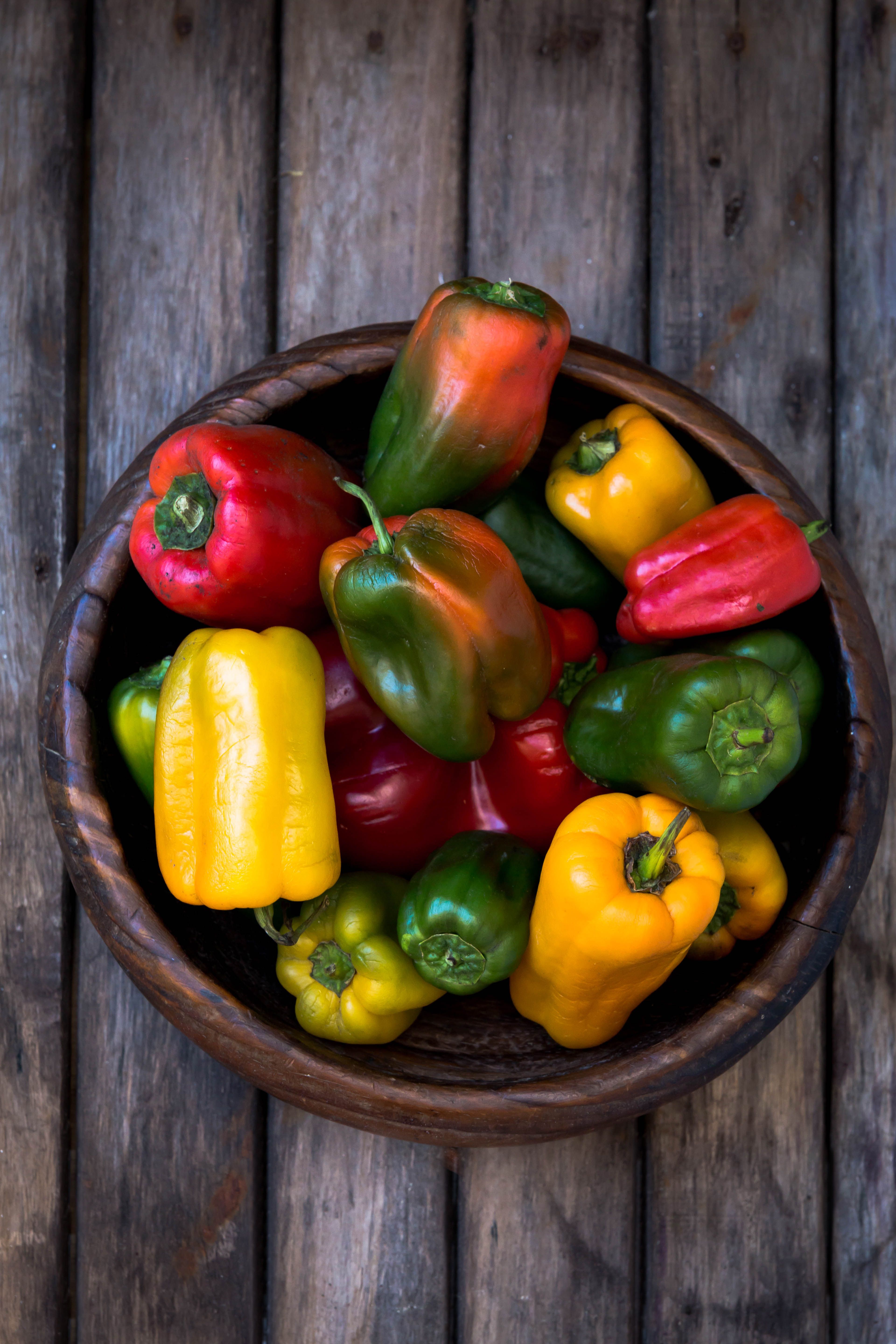 Colorful Bell Peppers in Wooden Bowl · Free Stock Photo