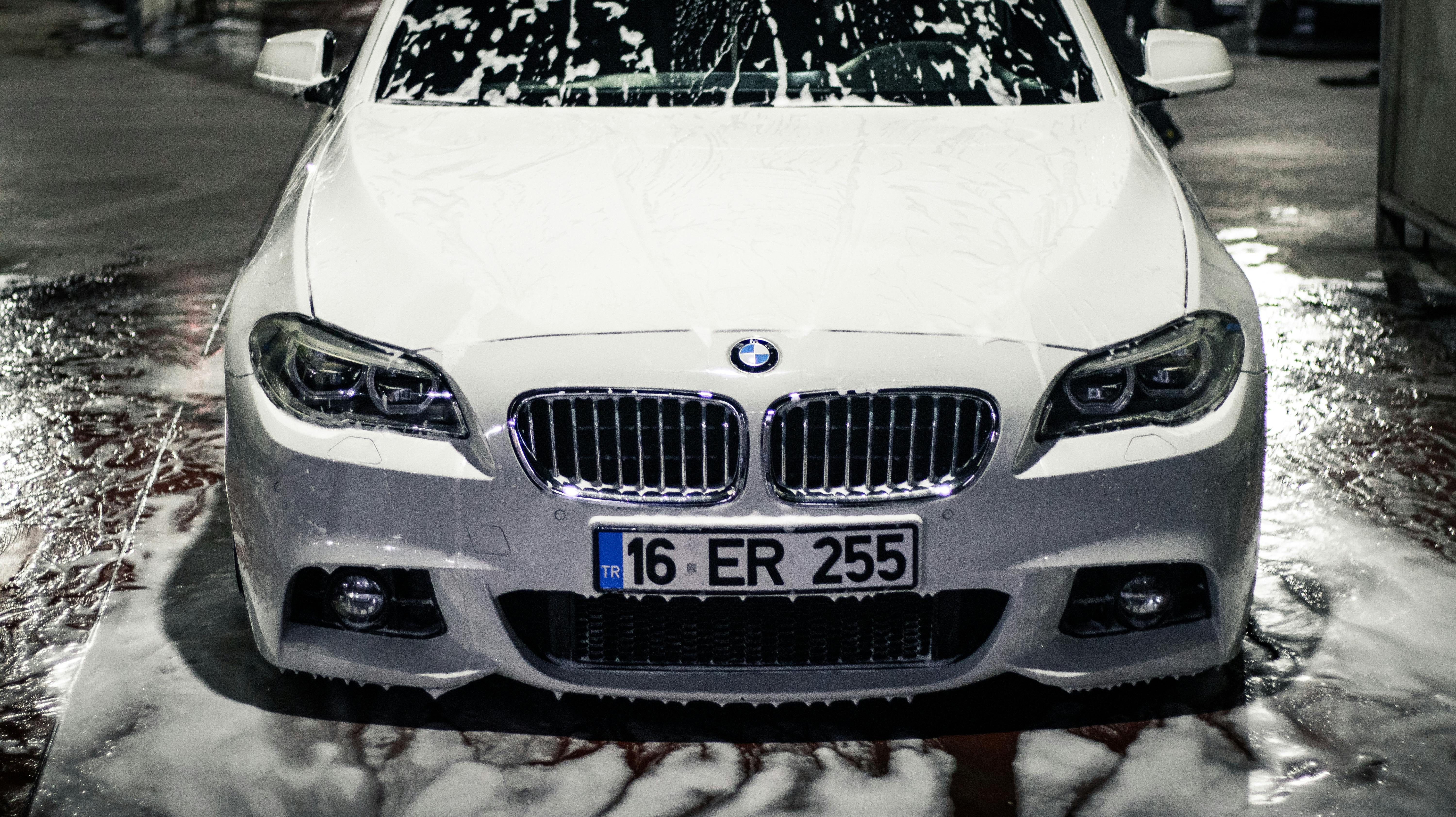 White BMW Car Front View with Soap in Bursa · Free Stock Photo
