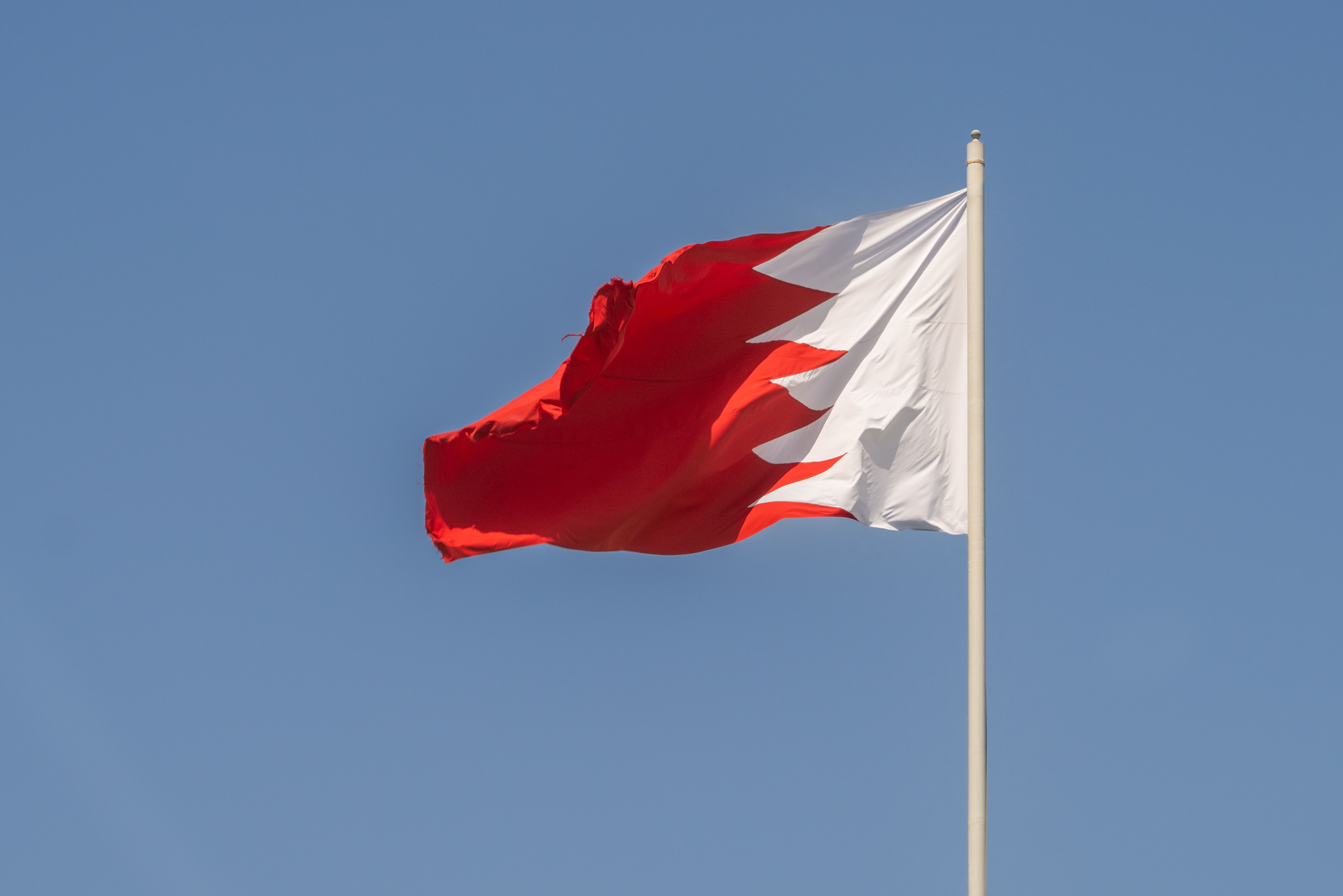 Bahrain National Flag Against Clear Blue Sky · Free Stock Photo