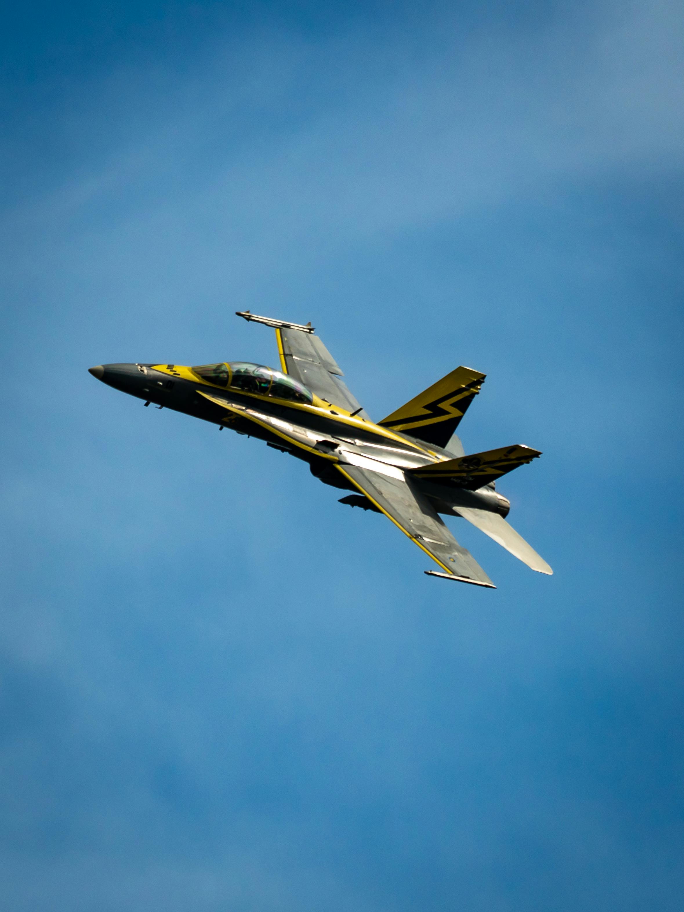 Dynamic Jet Fighter in Blue Sky Mid-Flight · Free Stock Photo