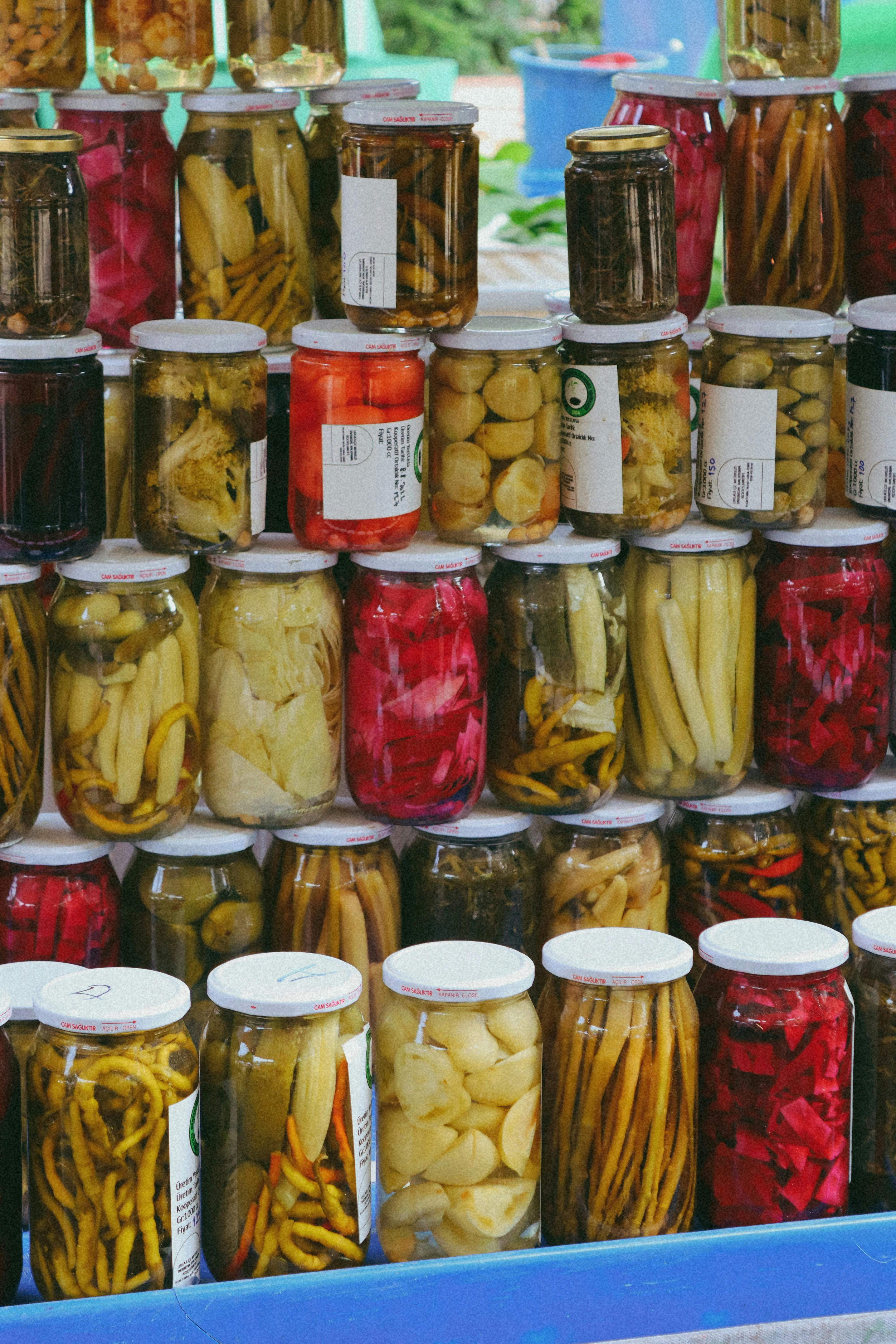 Colorful Jars of Pickled Vegetables at Turkish Market · Free Stock Photo