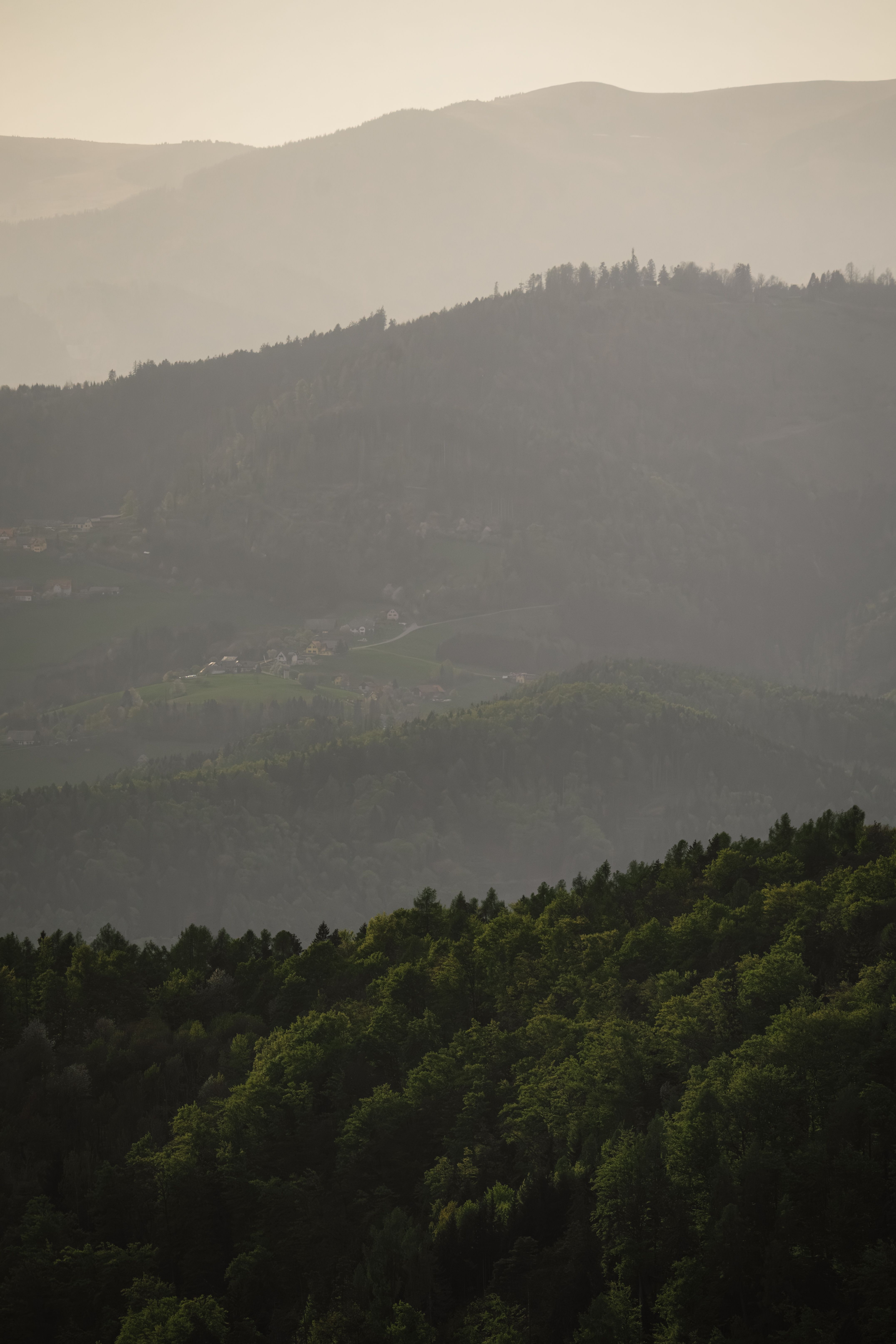 Tranquilo Paisaje De Montaña Brumosa Al Atardecer · Foto de stock gratuita