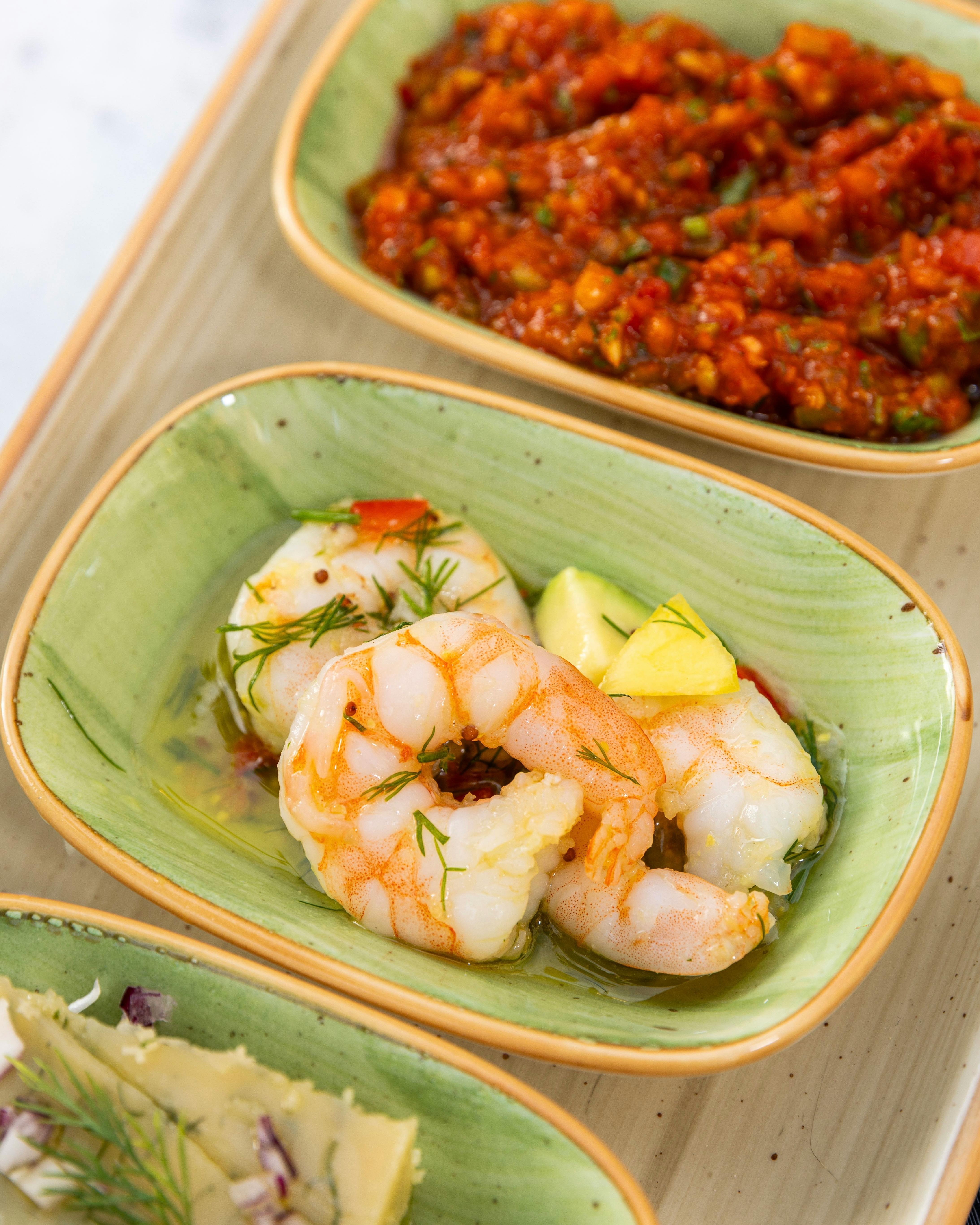 Gourmet Shrimp and Appetizer Trio on Serving Platter · Free Stock Photo