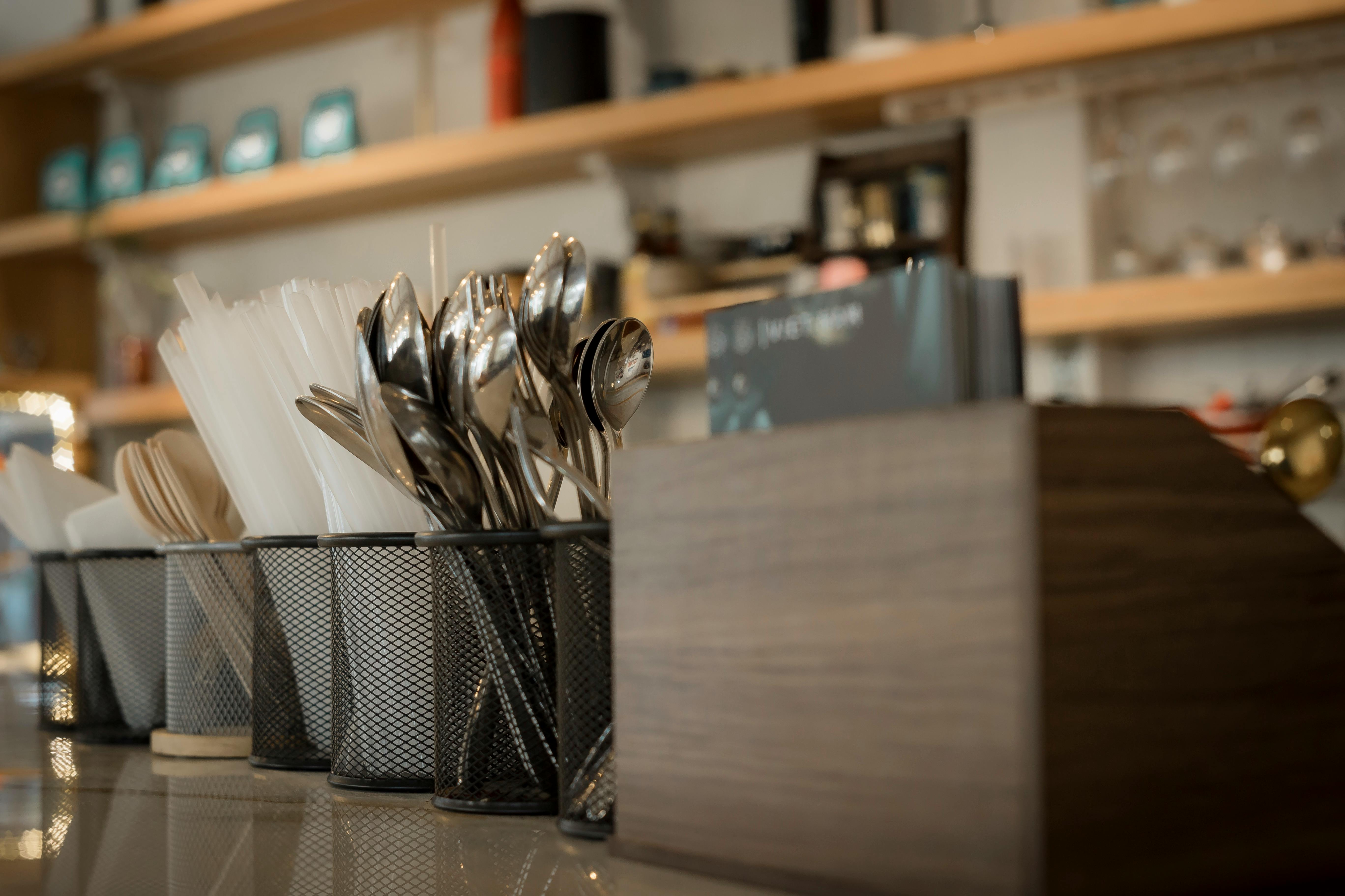 Modern Cafe Utensils Displayed on Countertop · Free Stock Photo