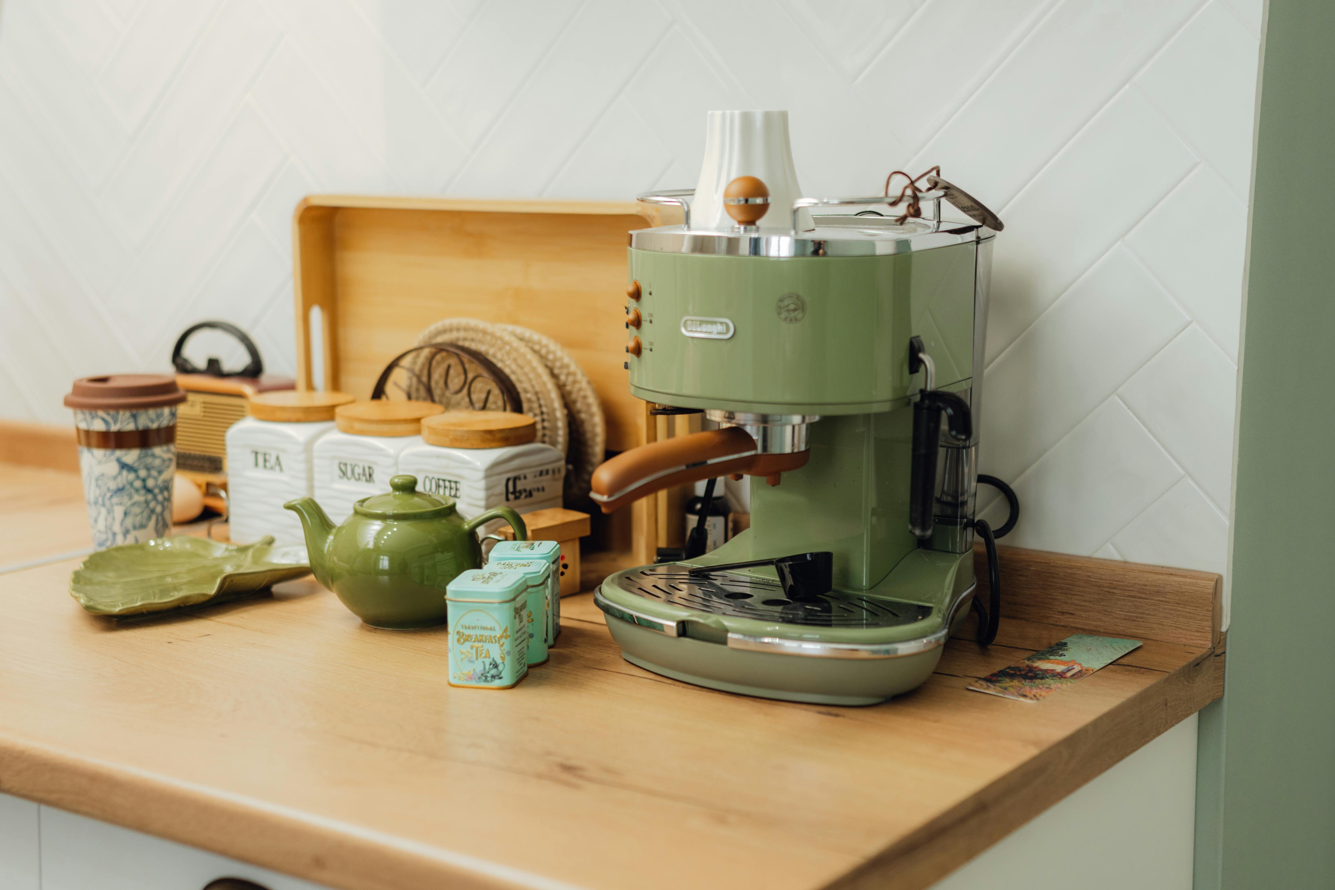 Stylish Kitchen Counter with Green Espresso Machine · Free Stock Photo