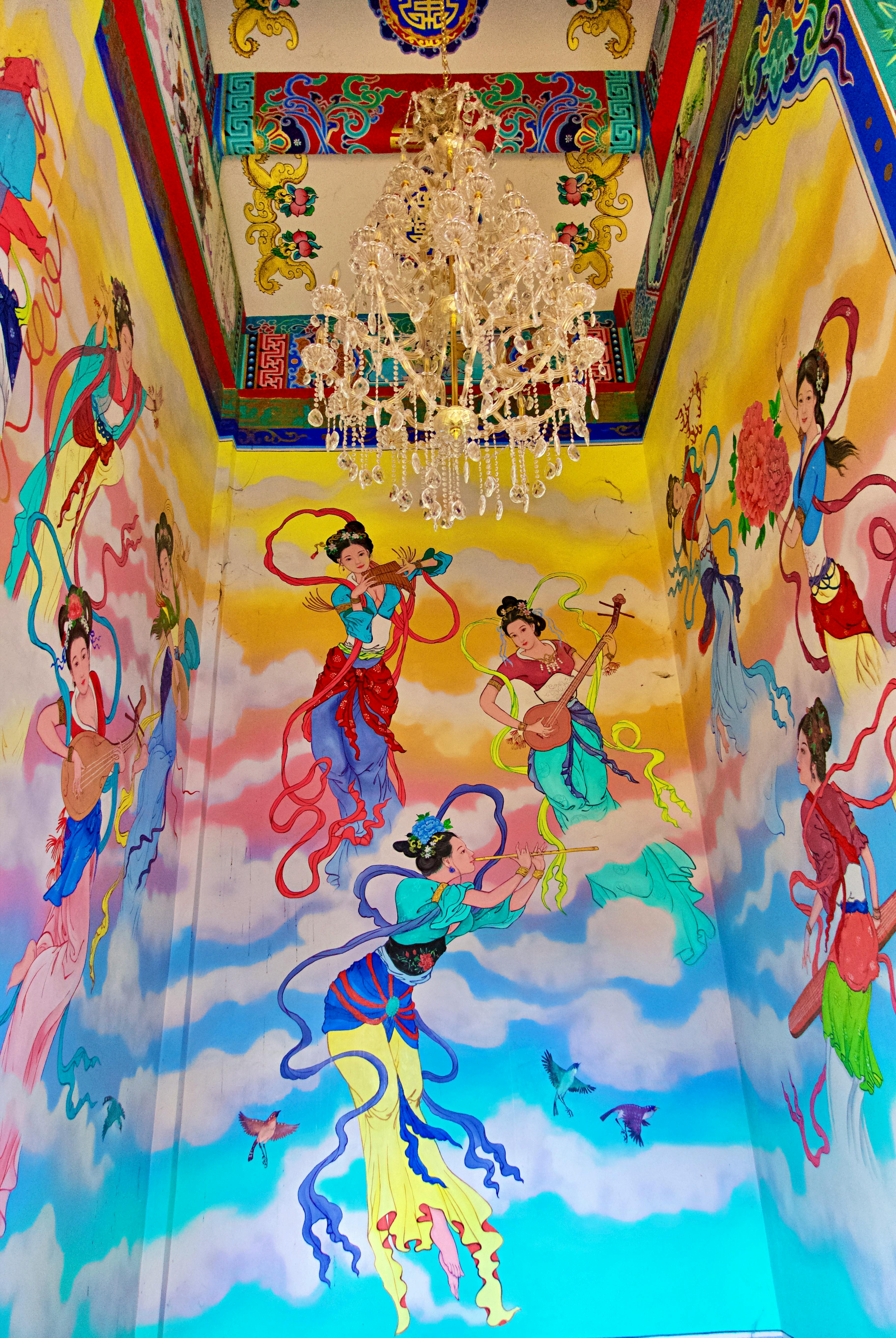 Vibrant Asian Mural with Chandelier in Thailand · Free Stock Photo